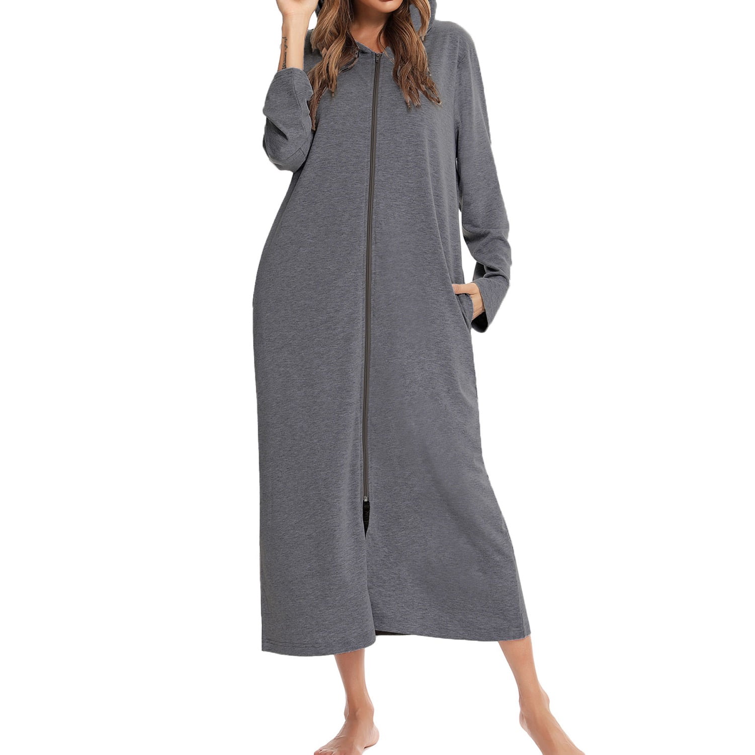 Homgro Women's Long Robe Zip Up Hoodie House Coat Pocket Long Sleeve ...