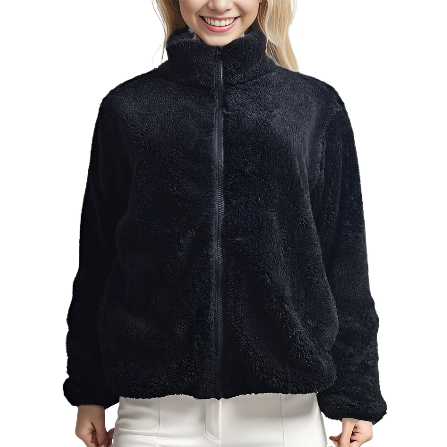 Defitshape Women's Long Sleeve Jacket Fleece Coat Fuzzy Winter Warm Zip ...