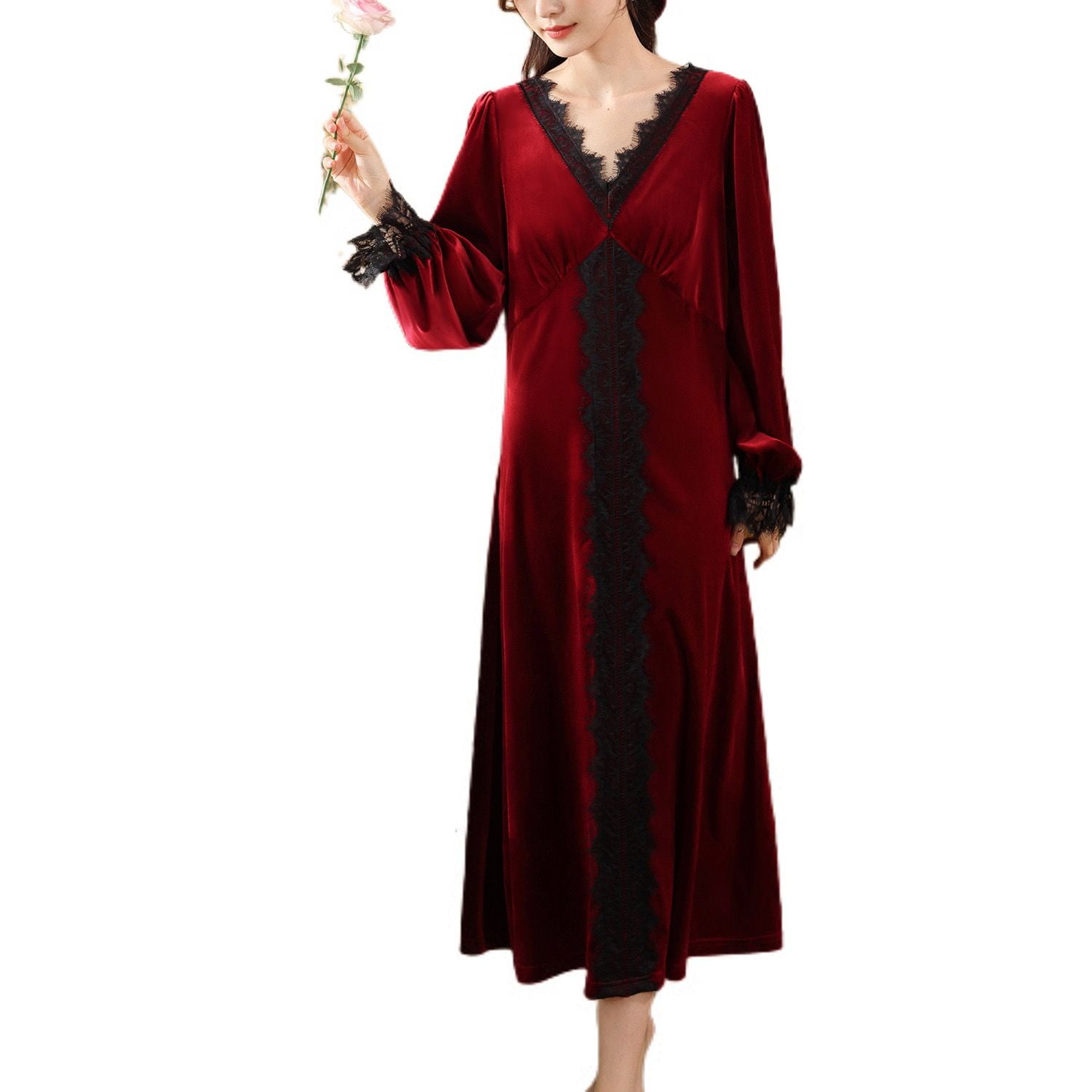 Defitshape Women's Long Sleeve Nightgown Soft Velour Winter Comfy Lace ...