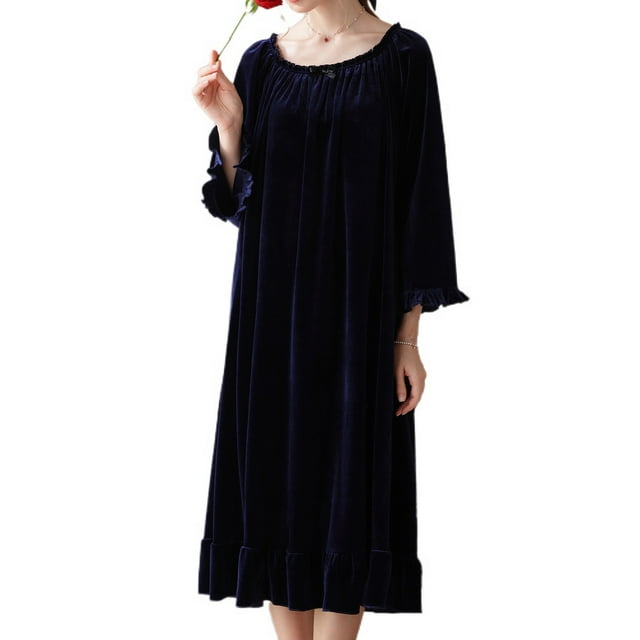 Homgro Women's Long Sleeve Nightgown Velvet Sleep Dress Ruffle Crew ...