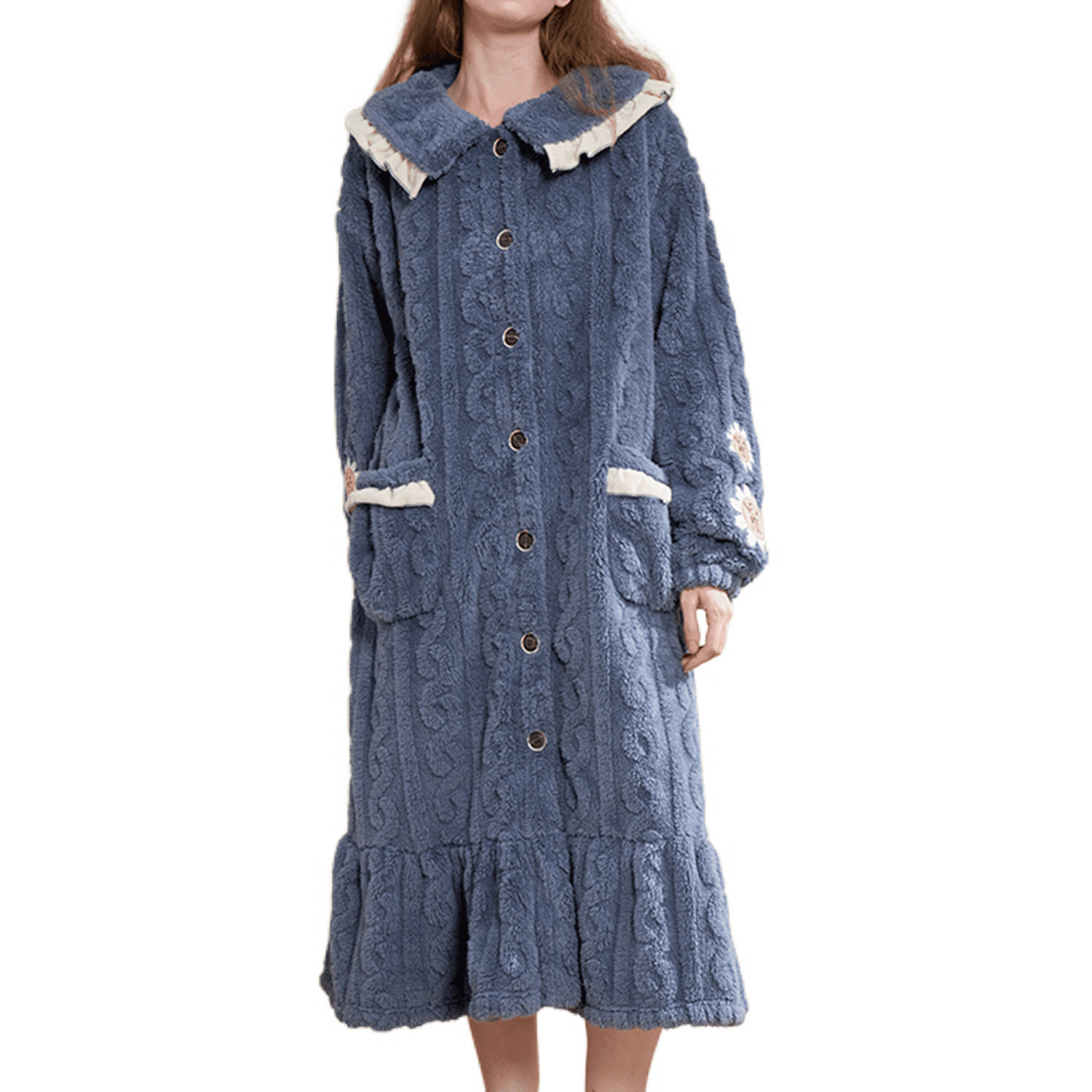 Defitshape Women's Long Sleeve Robe Winter Soft Fuzzy Plush Button Down ...