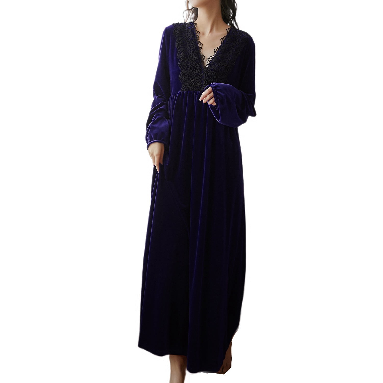 Homgro Women's Long Sleeve Velvet Nightgown Sleep Dress V Neck Mid ...