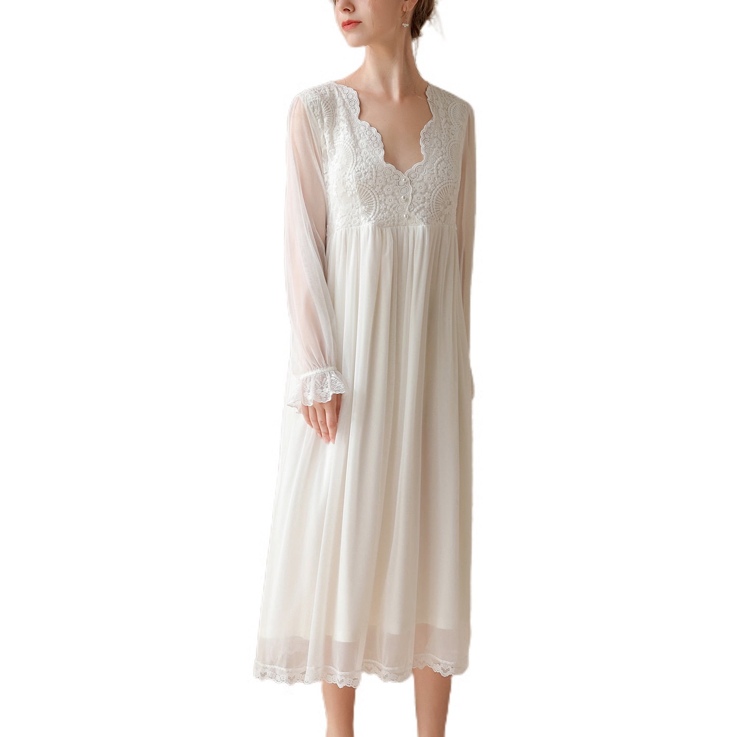 Defitshape Women's Long Sleeve Victorian Nightgown Soft Overlay Lace ...