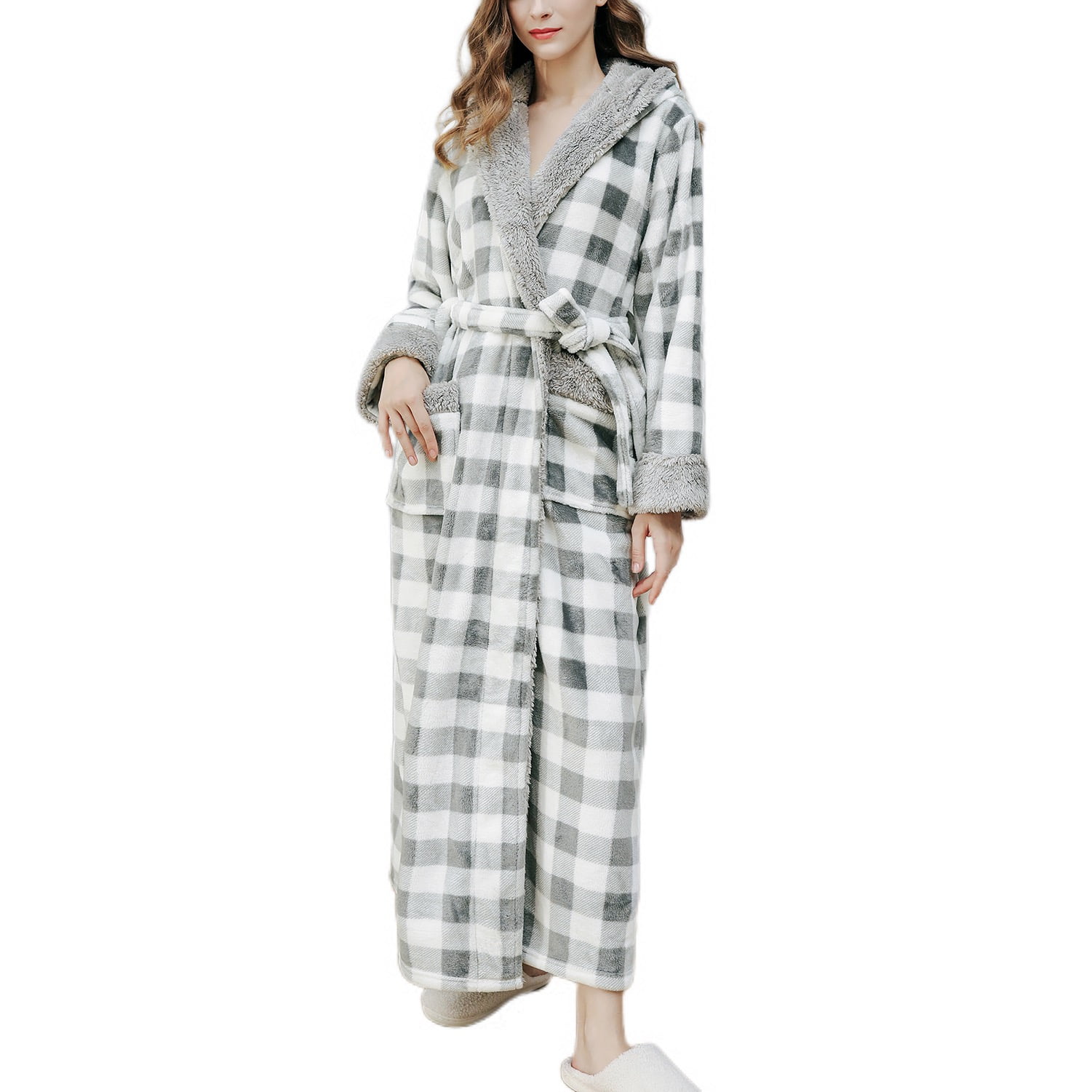 Defitshape Women's Plaid Fleece Robe Cozy Long Sleeve Fuzzy Soft Long ...