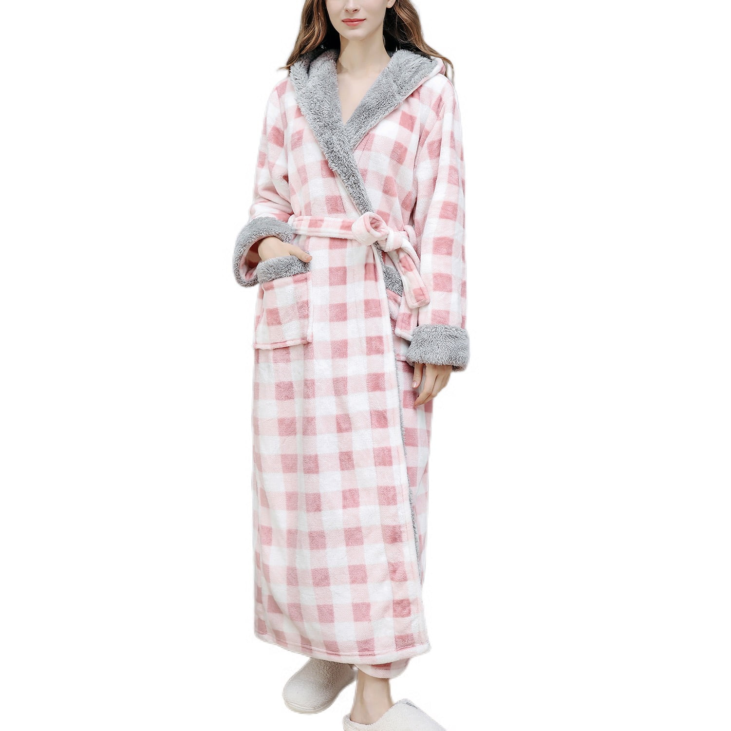 Defitshape Women's Plaid Fleece Robe Cozy Long Sleeve Fuzzy Soft Long ...