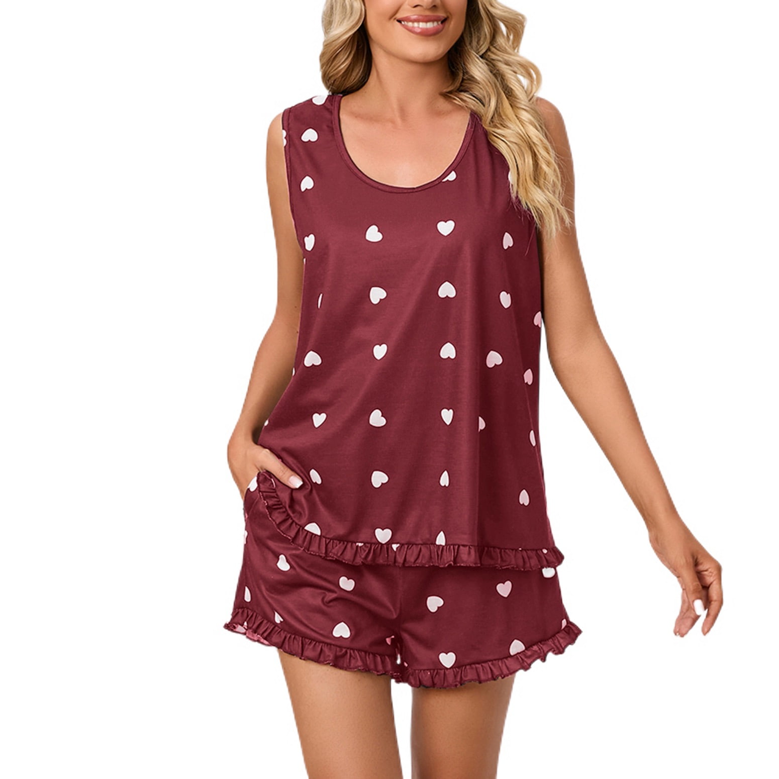 Defitshape Womens Plus Size Pajama Set Cute 2 Piece Loose Fit Frilly