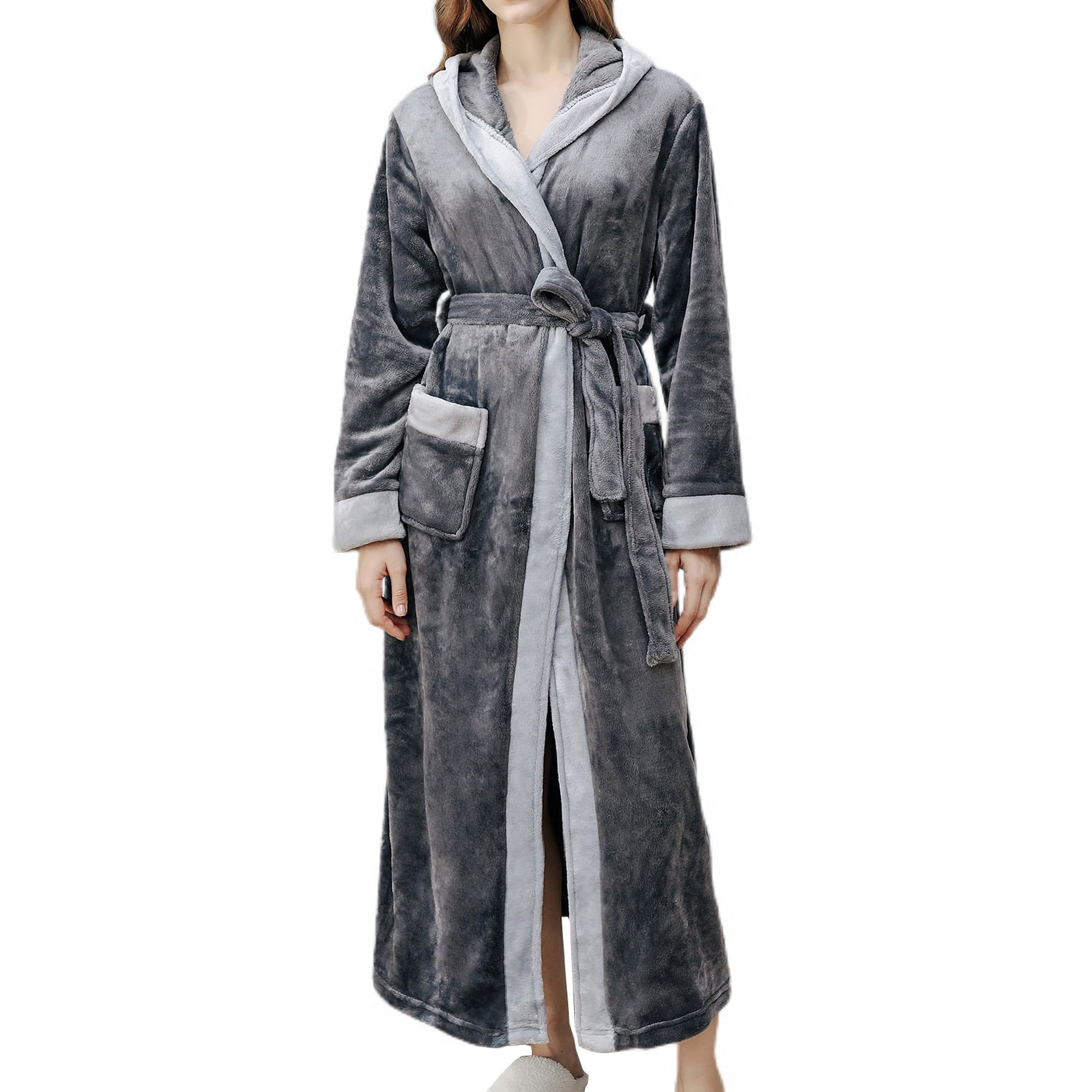 Homgro Women's Plush Hooded Robe Winter Color Block Full Length Belted ...