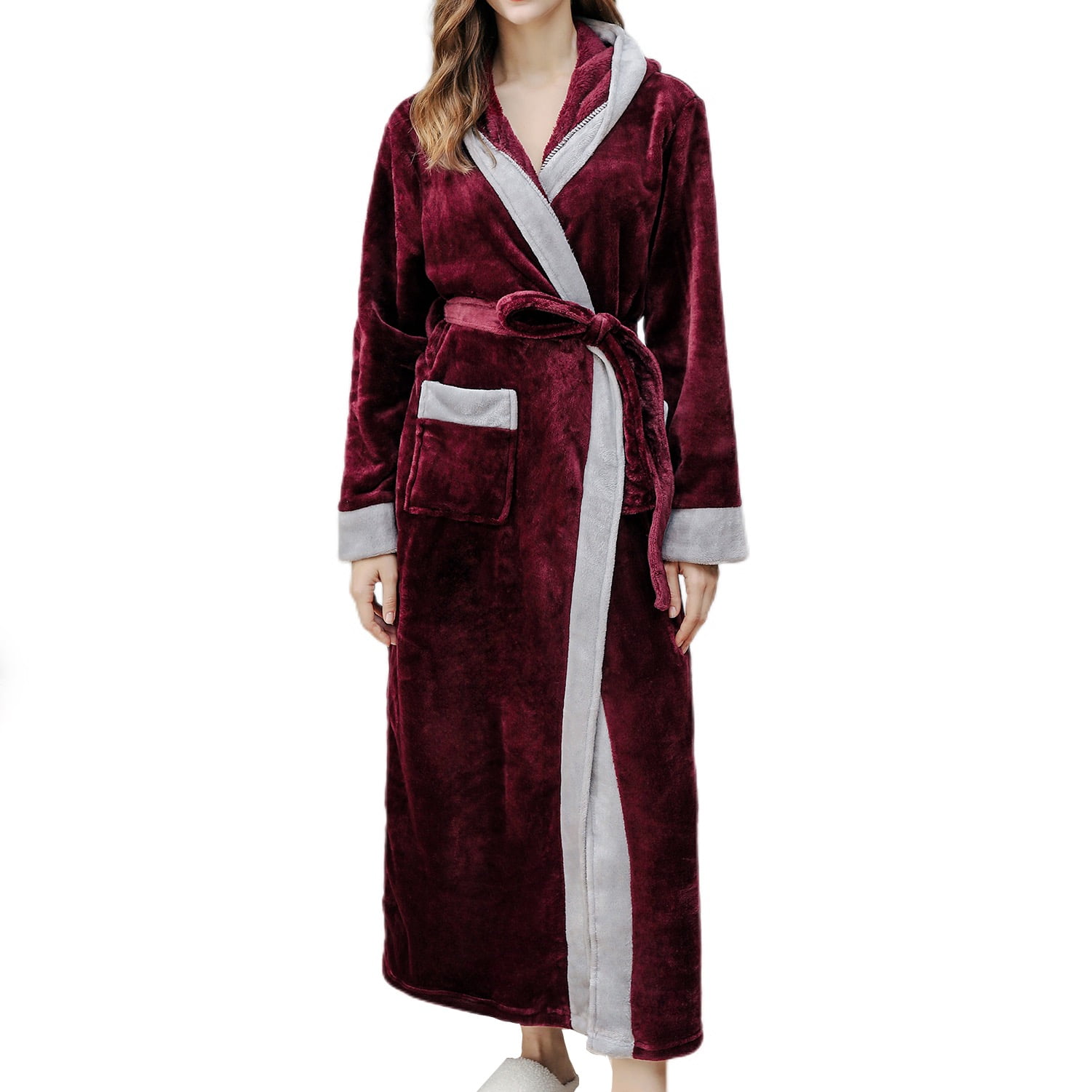 Defitshape Women's Plush Hooded Robe Winter Color Block Full Length ...
