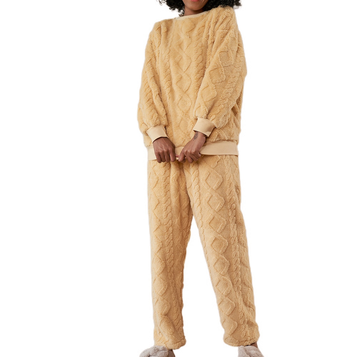 Defitshape Women's Plush Pajama Set Winter Warm Soft 2 Piece Long ...