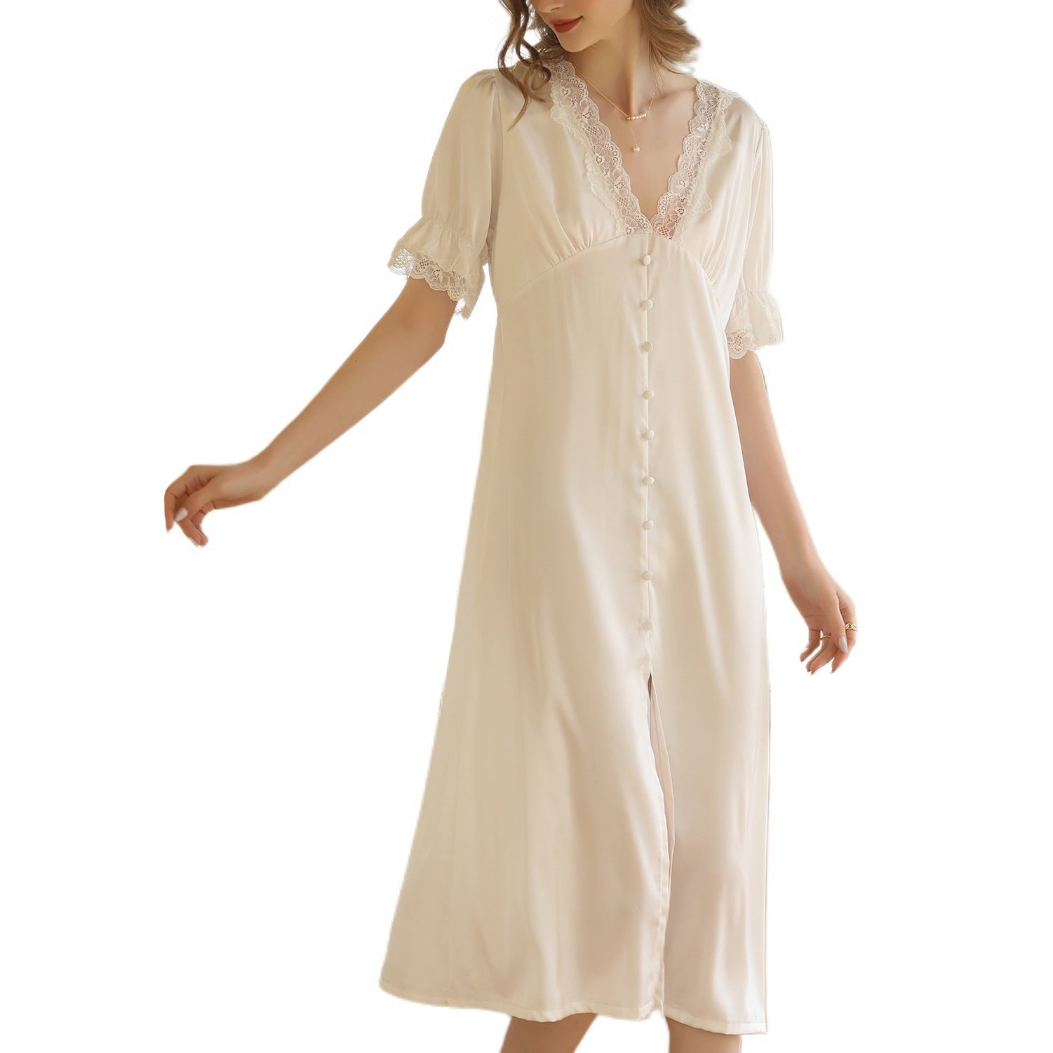 Defitshape Women's Satin Nightgown Ladies Soft Lace Summer Deep V Neck ...