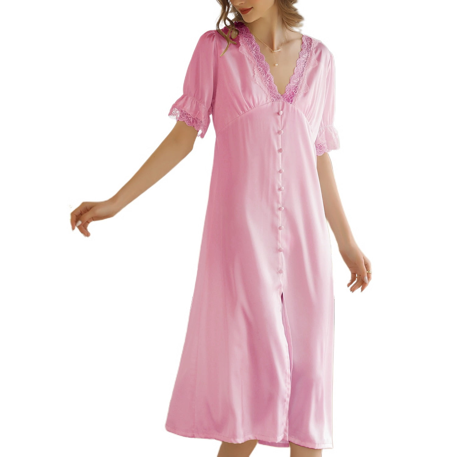 Defitshape Women's Satin Nightgown Ladies Soft Lace Summer Deep V Neck ...