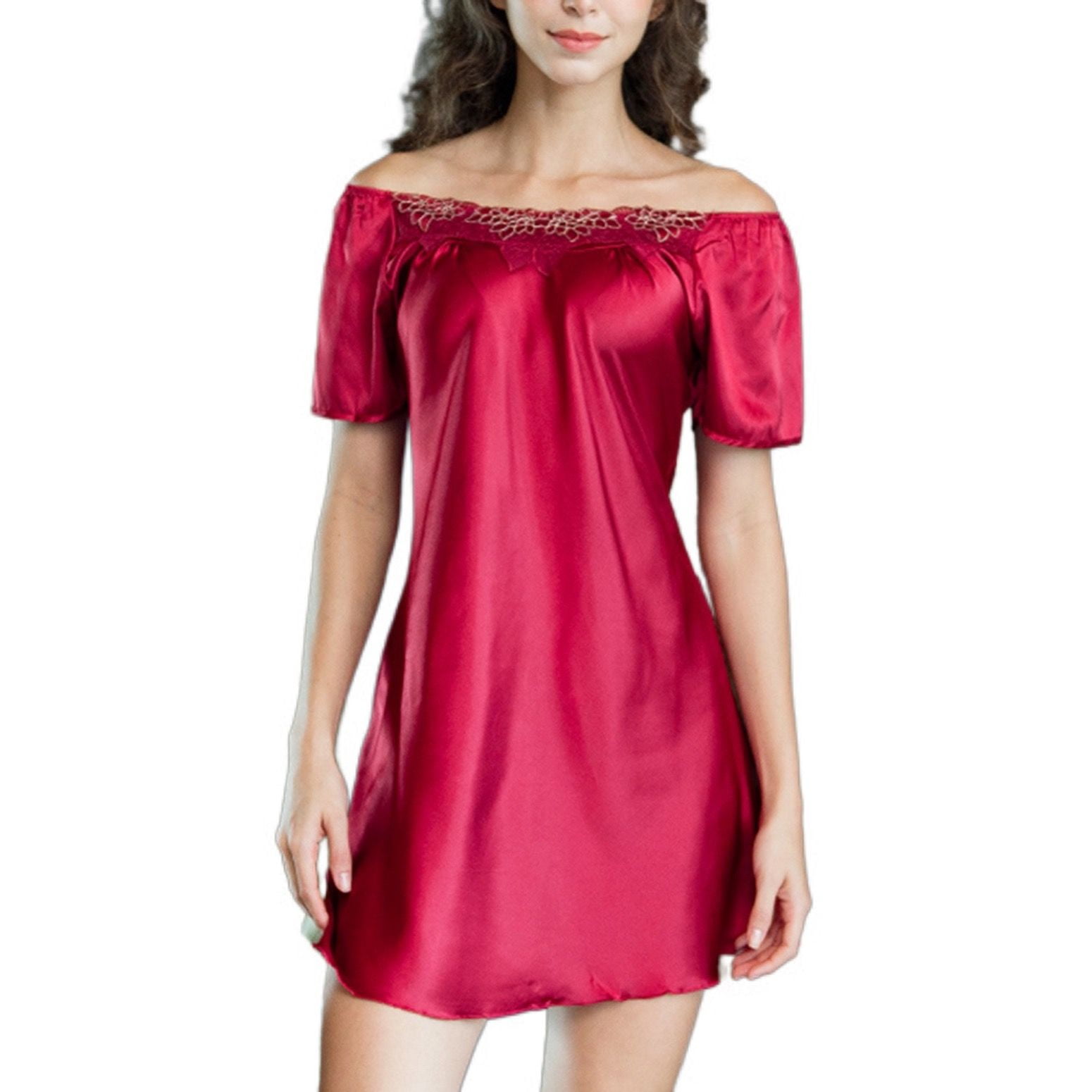 Defitshape Women's Satin Nightgown Short Sleeve Pajamas Dress Summer ...