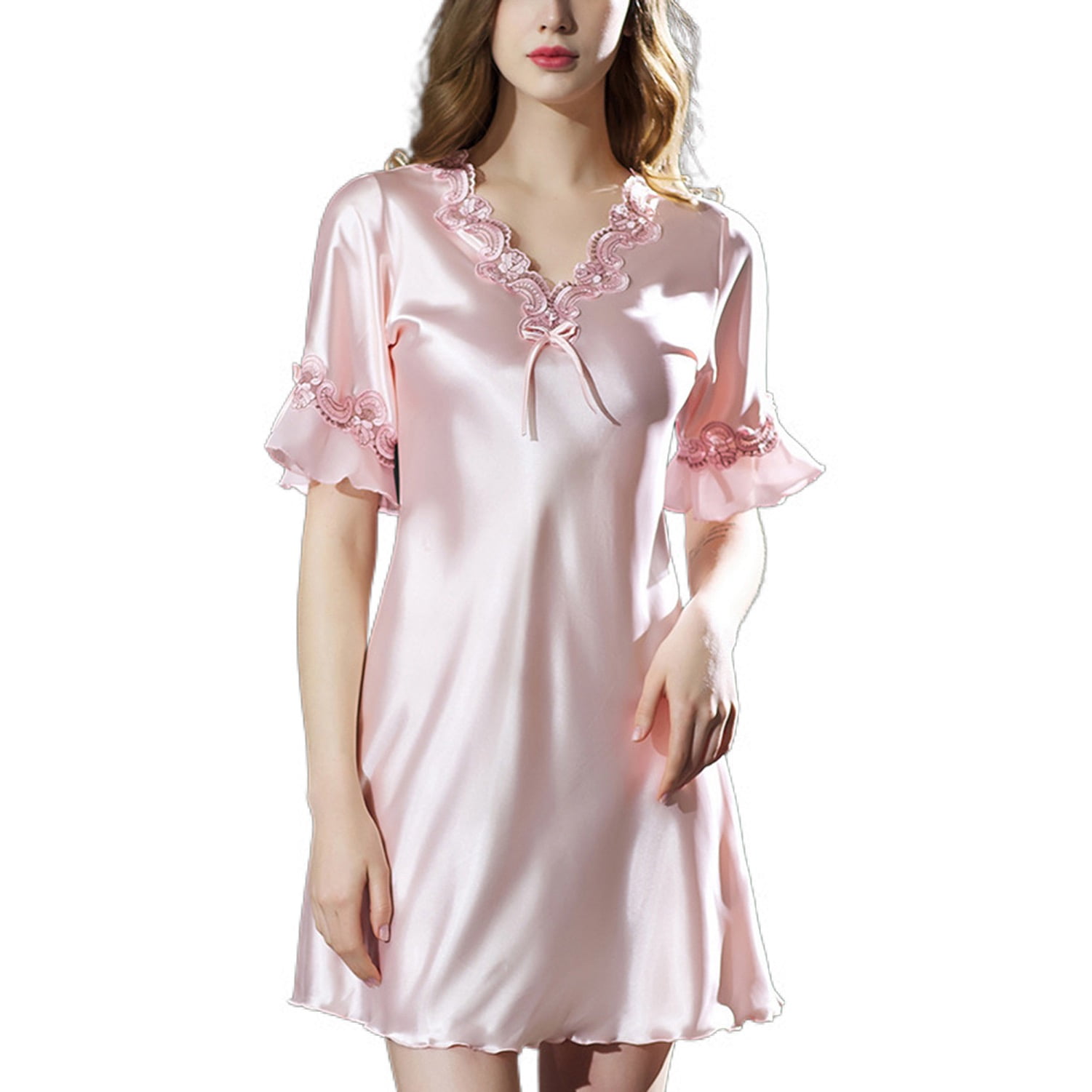 Homgro Womens Satin Nightgown Soft Sexy Short Pajama Dress Short