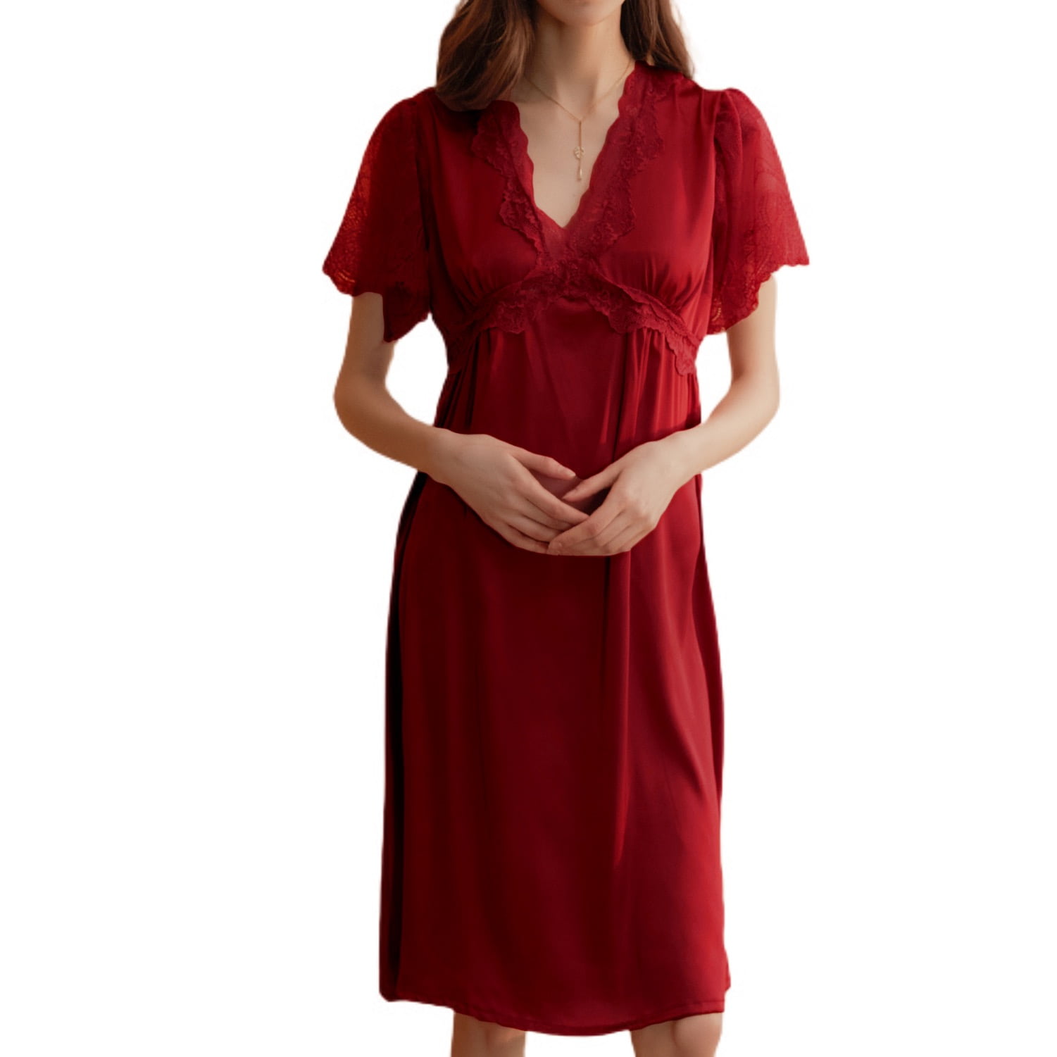 Defitshape Women's Satin Nightgown Summer Lace Flutter Short Sleeve ...