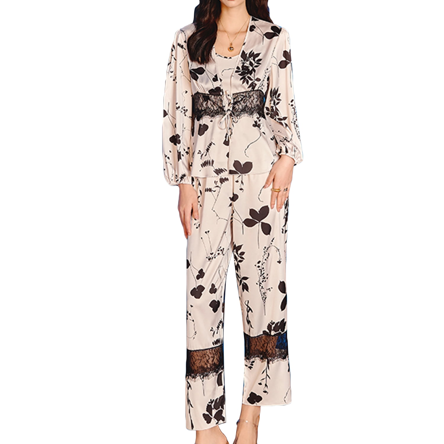 Defitshape Women's Satin Pajama Set 3 Piece Printed Spring Fall Long ...