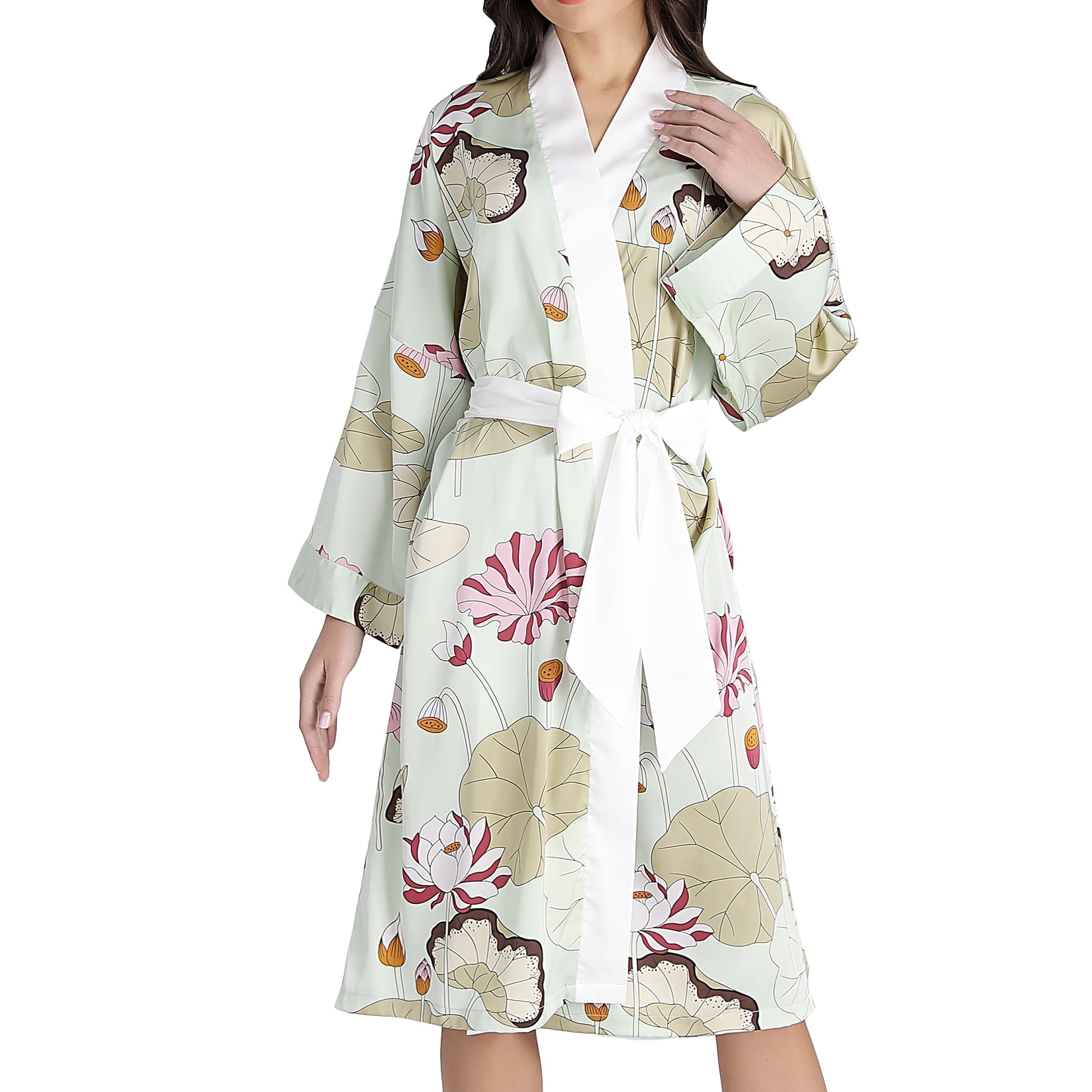 Defitshape Women's Satin Robe Long Sleeve Bathrobe House Cozy Belted ...