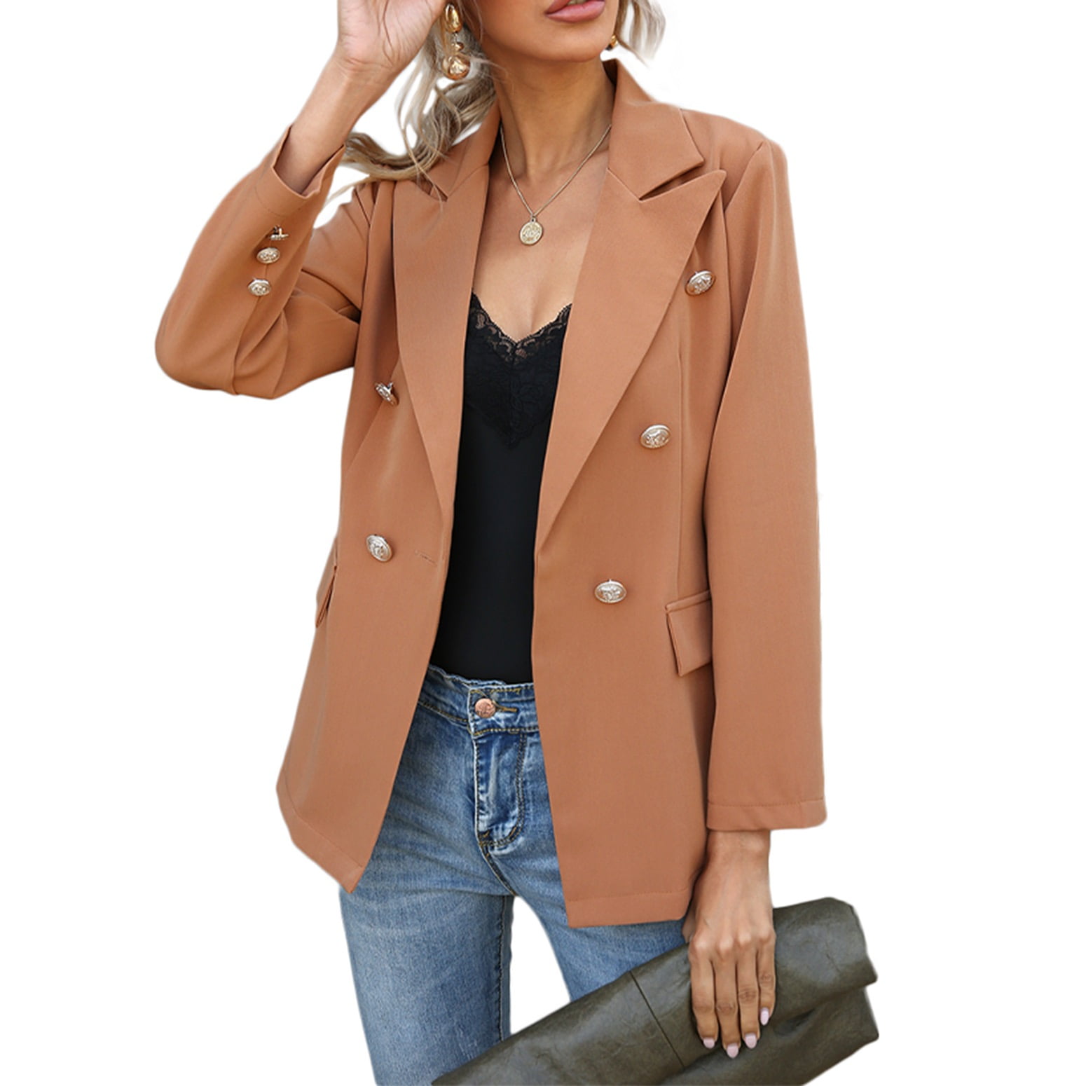 Defitshape Women's Soft Blazer Fitted Top Double Breasted Work Button ...