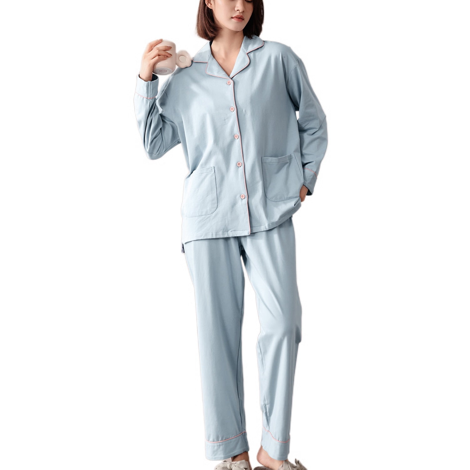 Defitshape Women's Soft Cotton Pajamas Set Button Down Pjs Long Sleeve ...