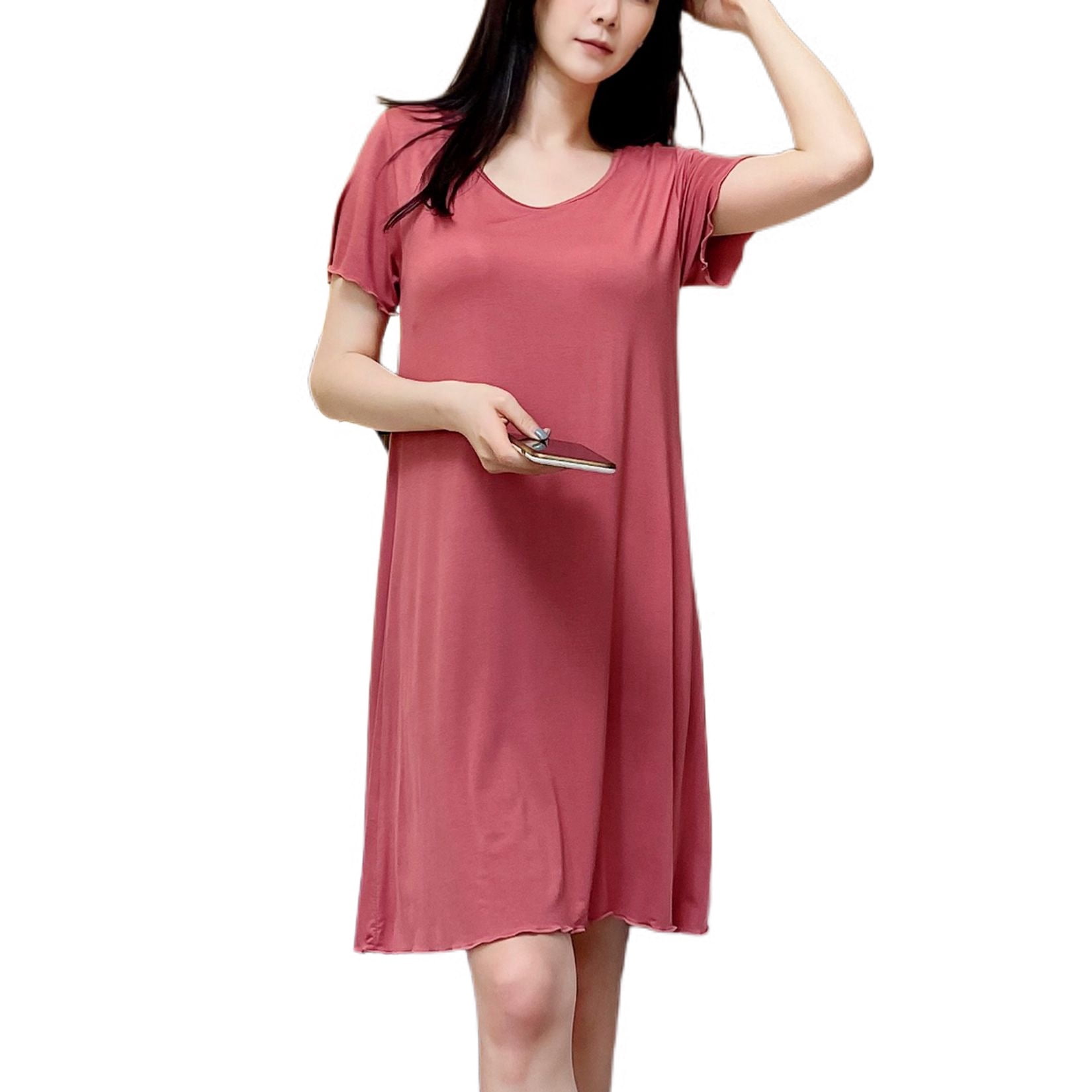 Defitshape Women's Soft Nightgown Frilly Short Sleeve Comfy Midi ...
