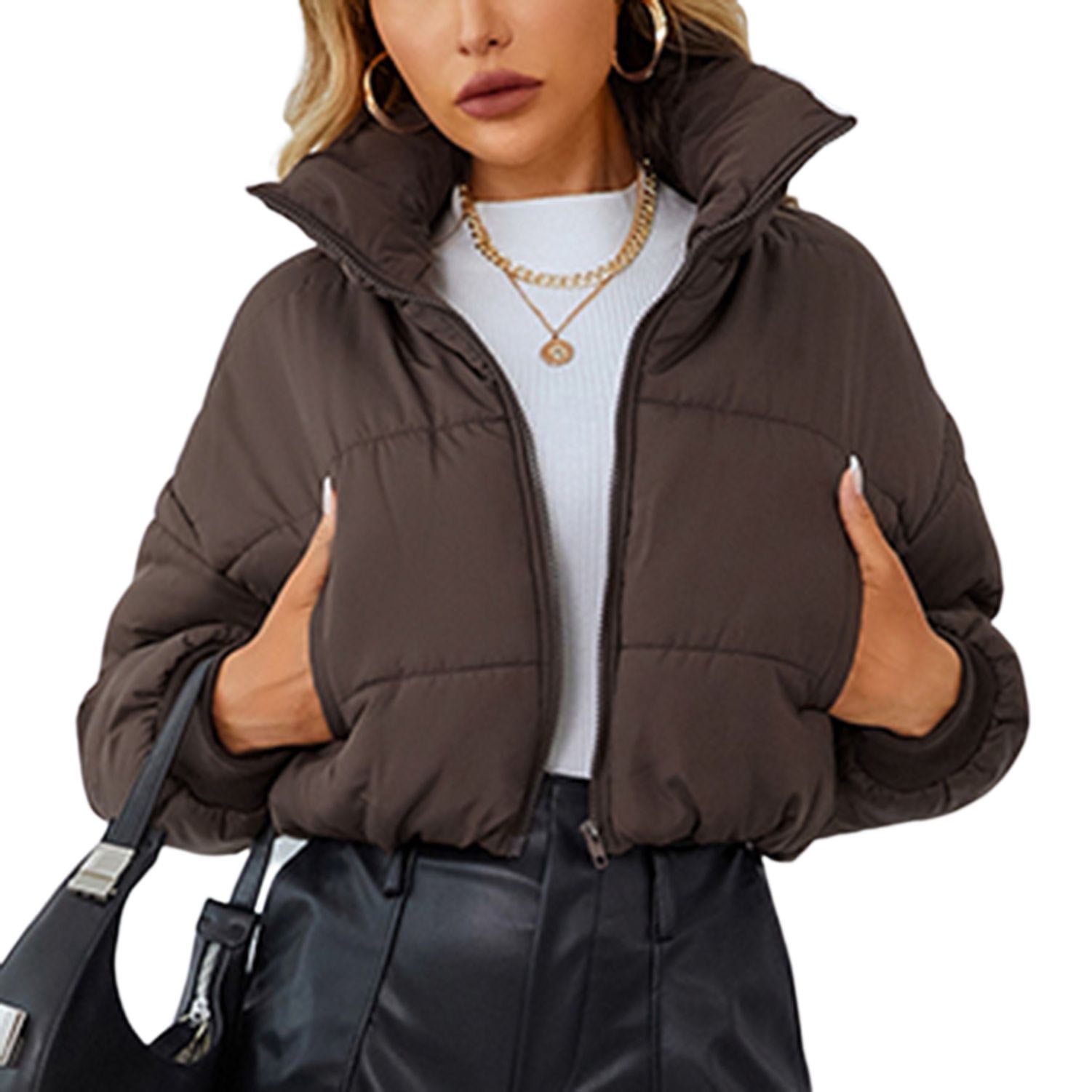 Defitshape Women's Thermal Quilted Cropped Coat Puffer Jacket Zip Up ...