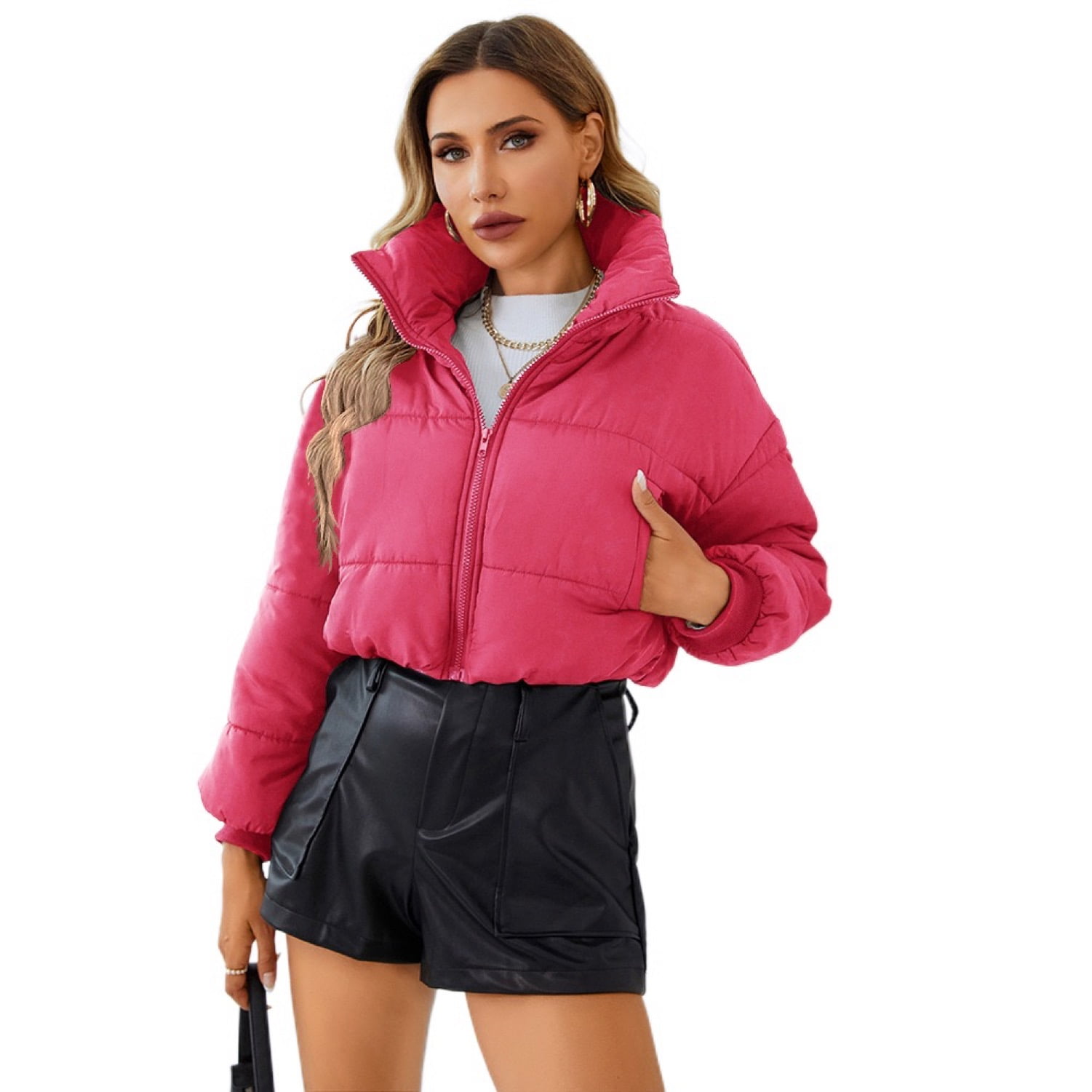 Defitshape Women's Thermal Quilted Cropped Coat Puffer Jacket Zip Up ...