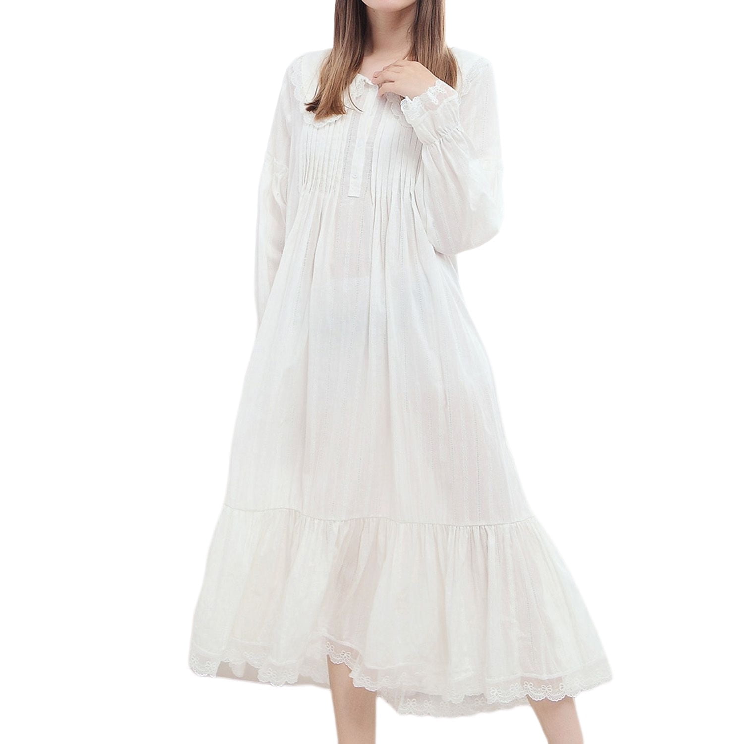 Defitshape Women's Victorian Nightgown 100% Cotton Long Bishop Sleeve ...
