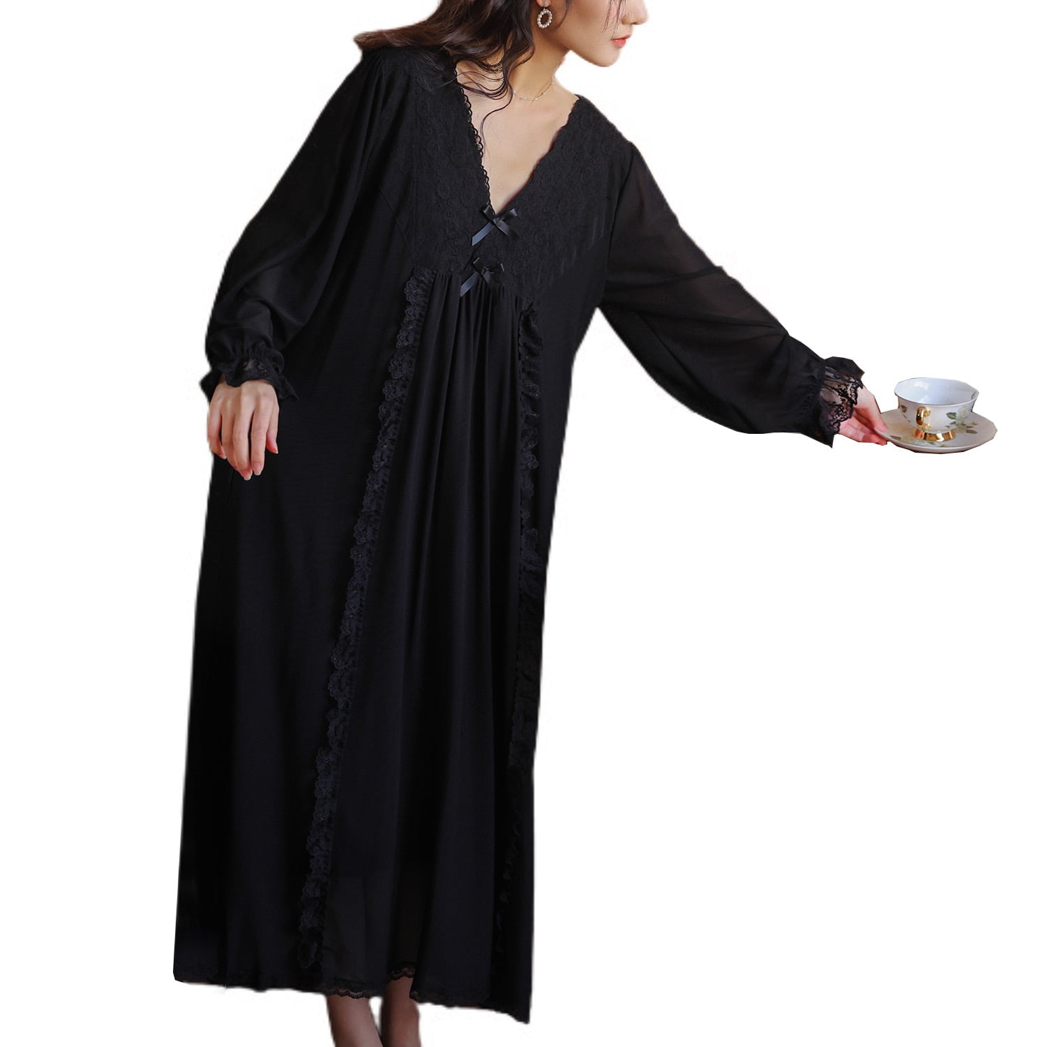 Defitshape Women's Victorian Nightgown Ladies Soft Overlay Floral Lace ...