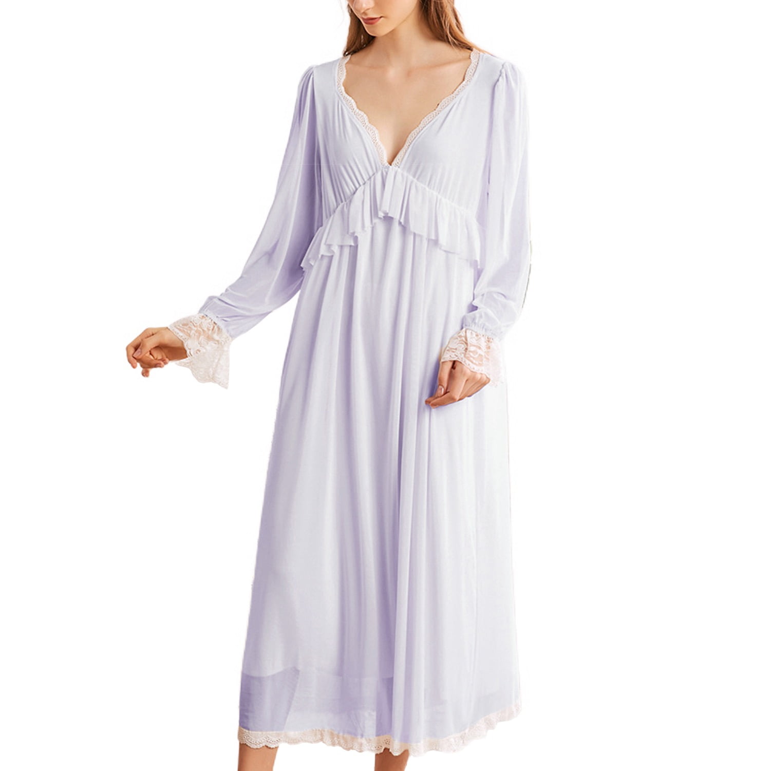 Defitshape Women's Victorian Nightgown Vintage Long Sleeve Lace Sleep ...
