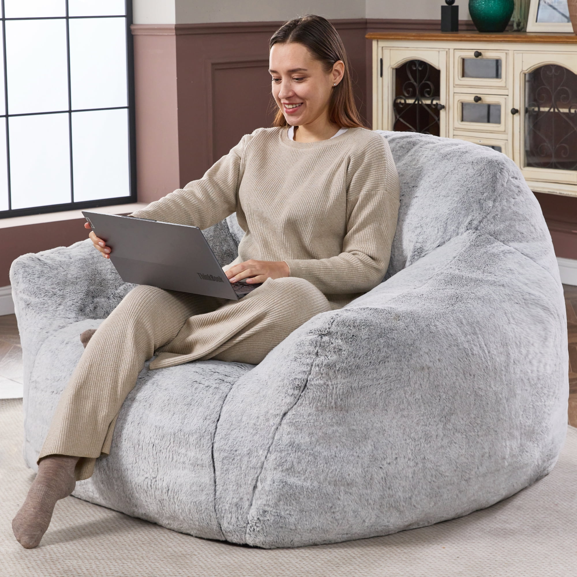 Giant Bean Bag Chair, Faux Fur Bean Bag Couch with Filler Large Living ...