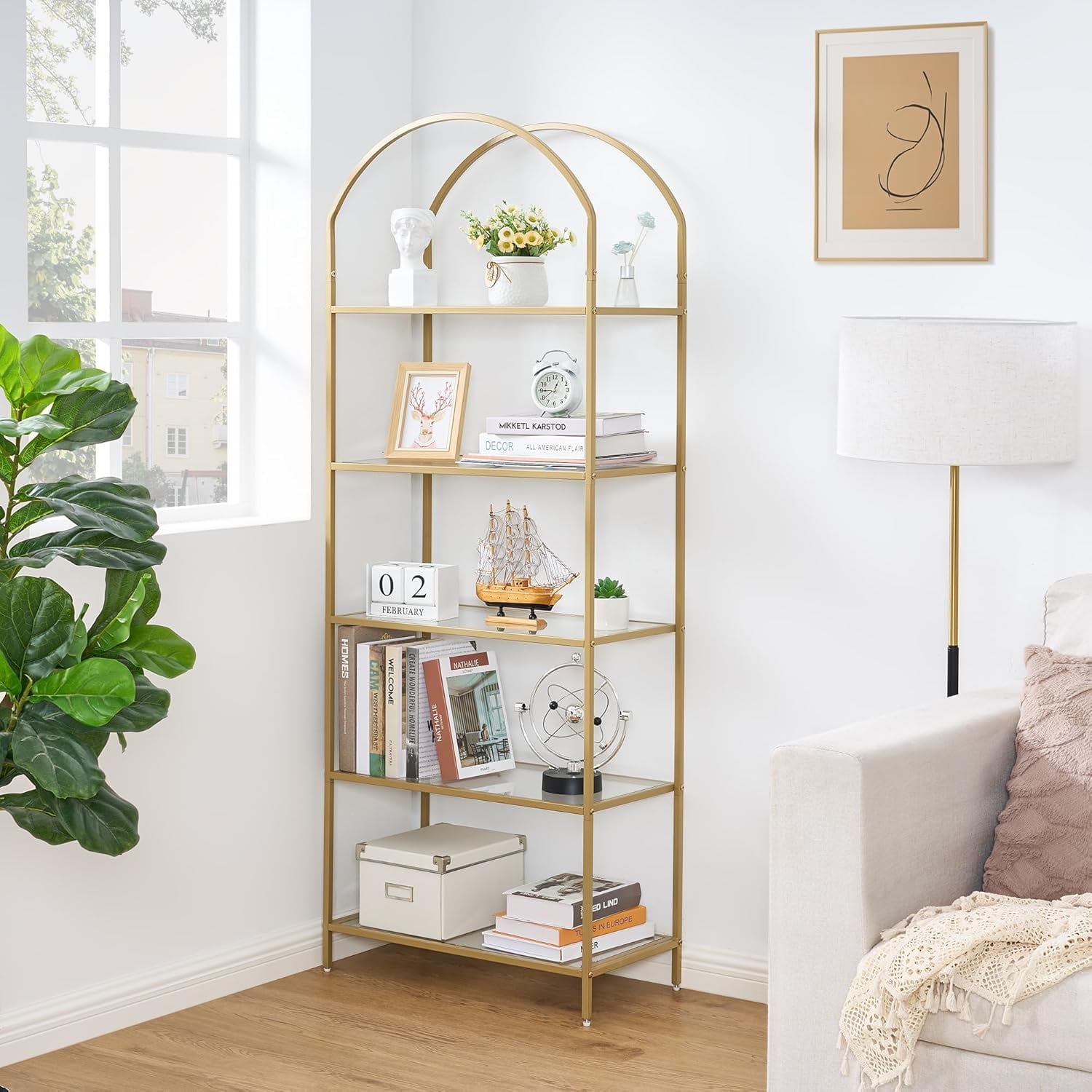 5-Tier Bookshelf Arched Display Racks, Metal Bookcase, Tempered Glass ...
