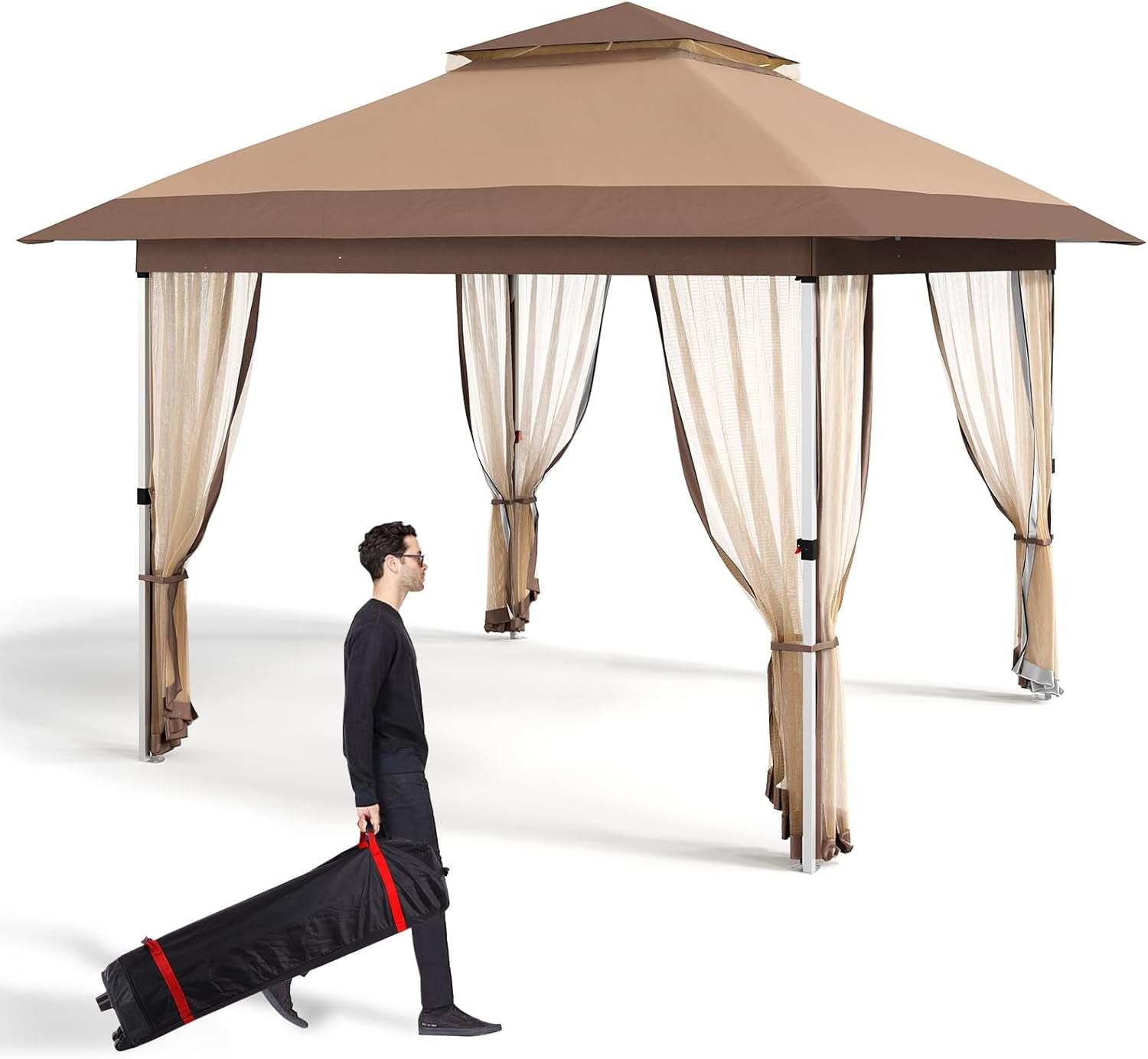 Homhougo 11'x11' Gazebo Outdoor Pop up Canopy Tent with Curtains and ...