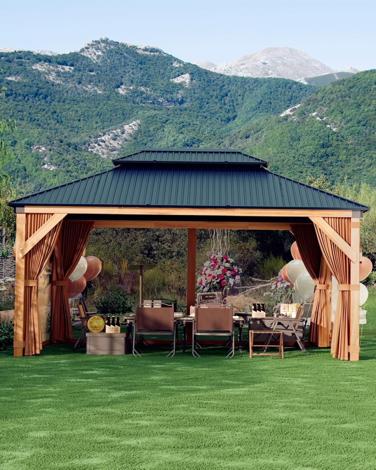 Homhougo 12'x16' Wood Gazebo for All Weather, Gazebo with Double Metal ...