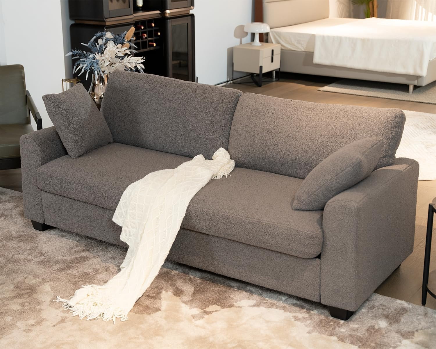 Homhougo 3-Seater Sofa Couch, 83" Wide Teddy Velvet Comfy Couch with ...