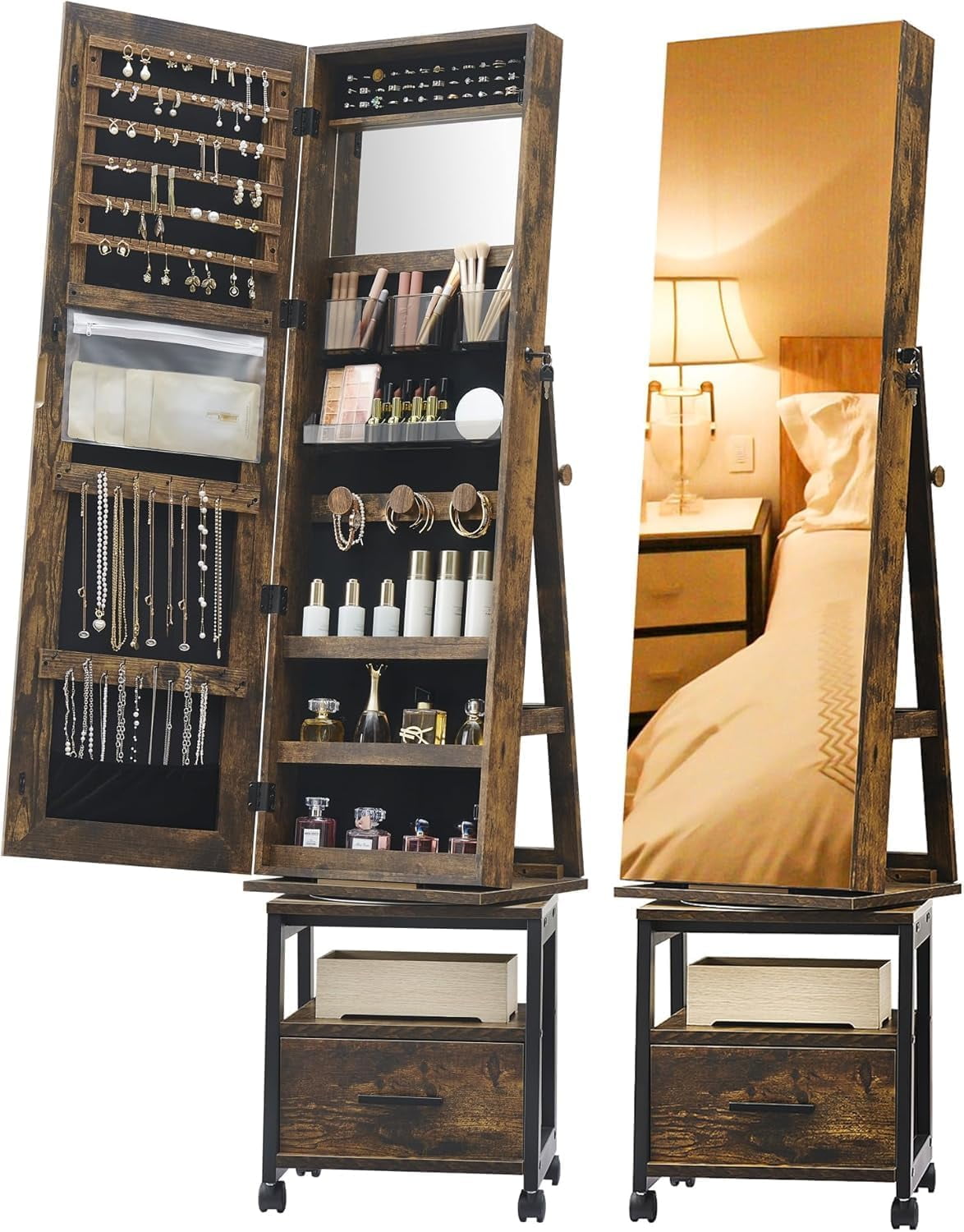 Homhougo 360° Swivel Jewelry Armoire with Storage Shelf & Drawer, 66" H ...