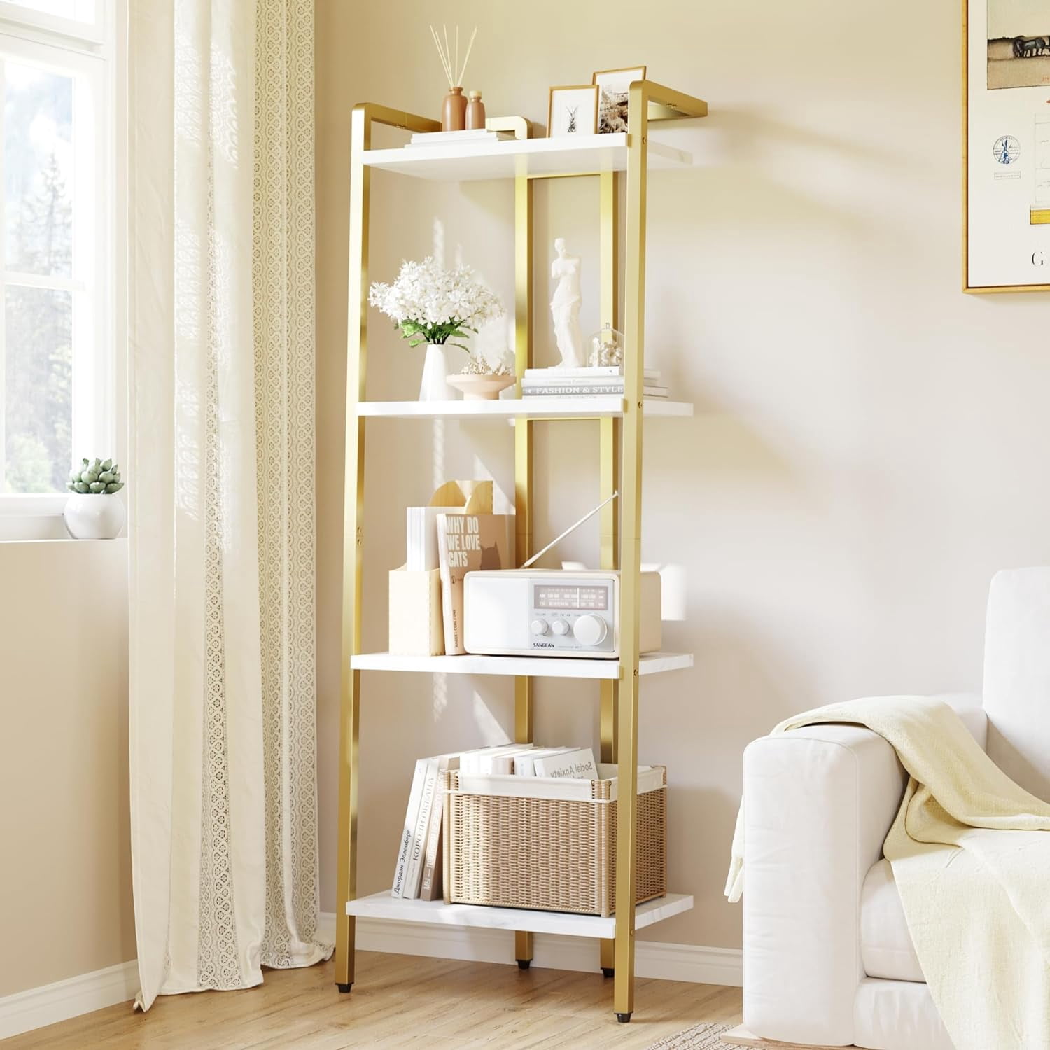 Homhougo 4 Tier Ladder Shelf, Free Standing Gold Book Shelf, Flower ...