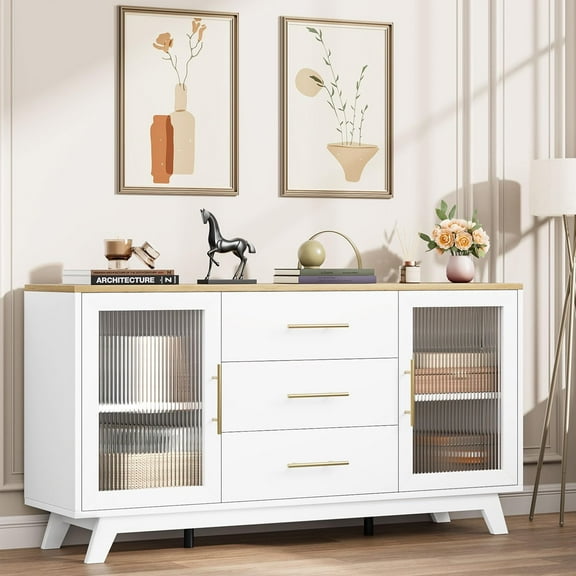 WAMPAT Sideboard Buffet Cabinets with Glass Doors and Drawer, Modern ...