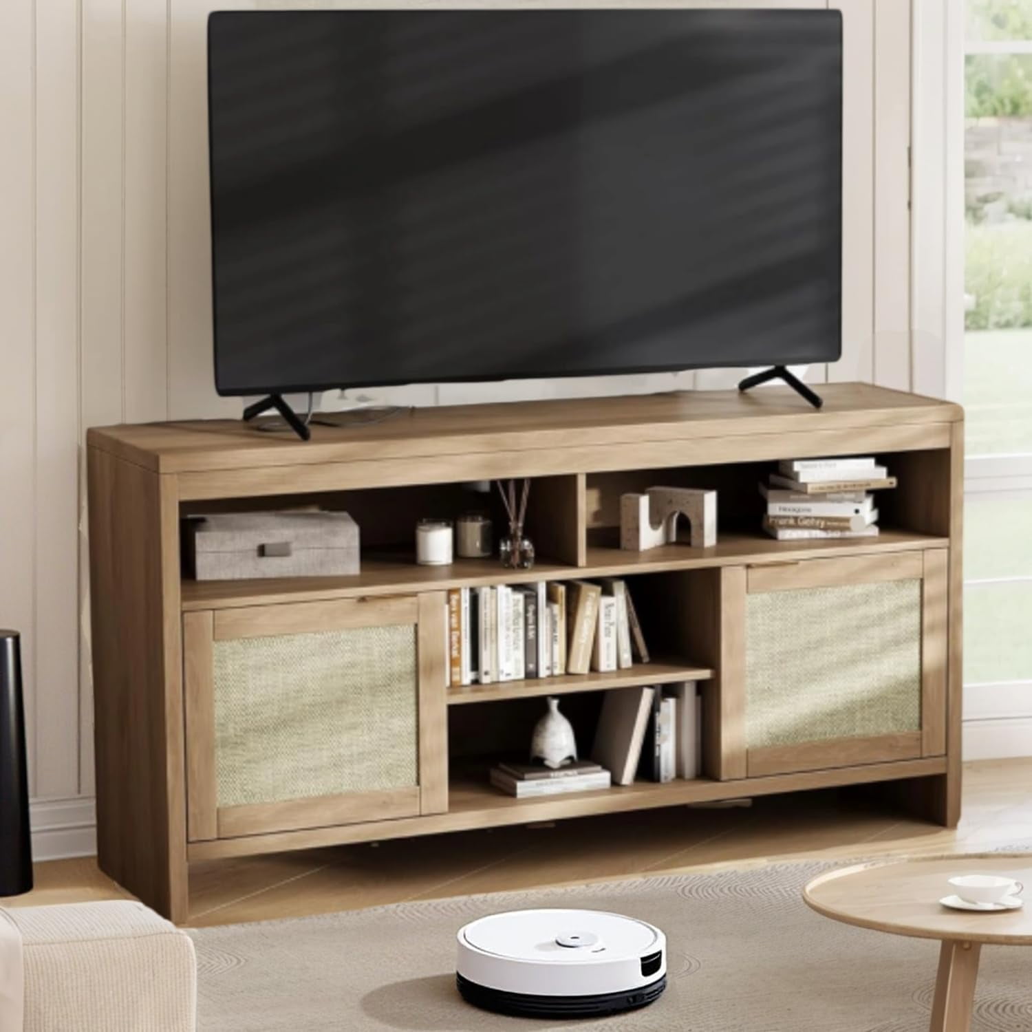 Homhougo 58"Boho TV Stand for TV up to 65 Inch,Modern Rattan ...