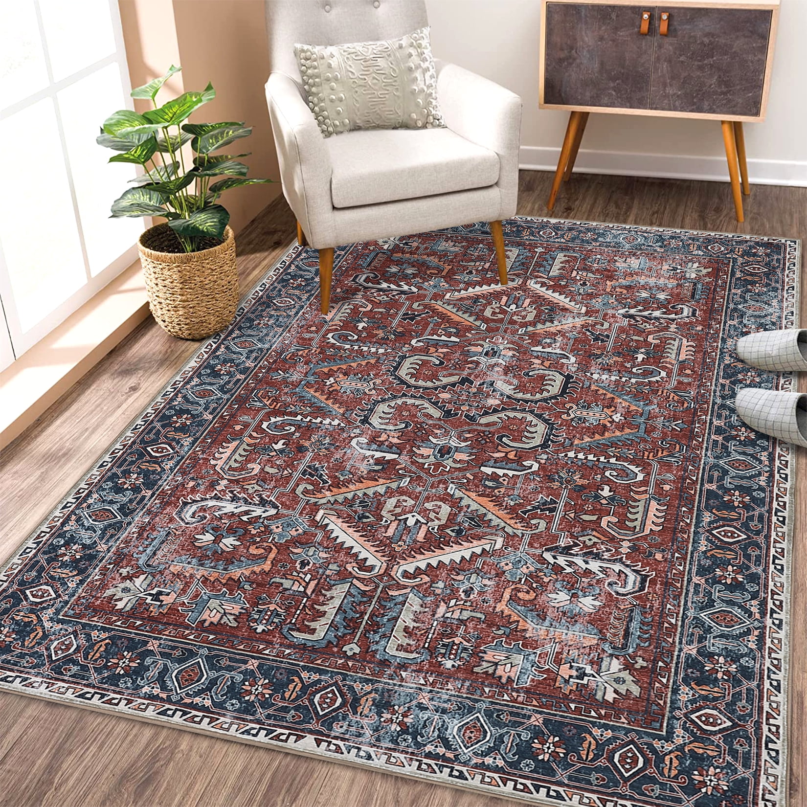 Homhougo-5x7 Washable Area Rug Vintage Boho Rug Distressed Print Rug ...