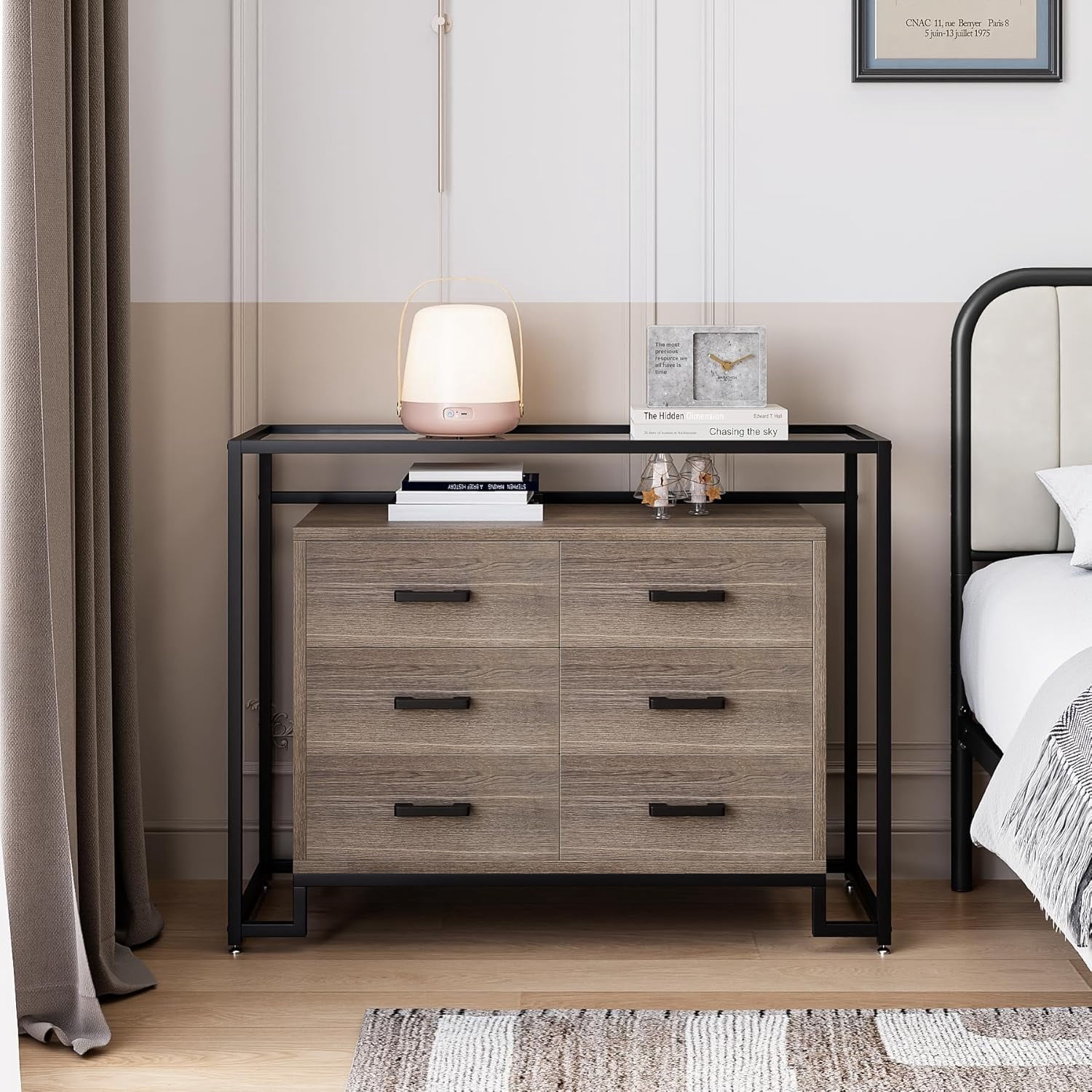 Homhougo 6 Drawer Dresser with Tempered Glass Top Shelves, Wooden Chest ...