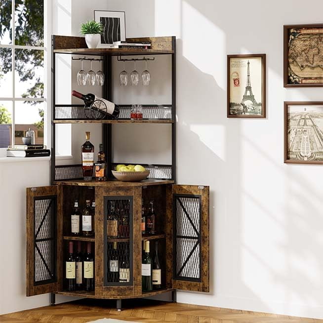 Homhougo 64" Tall Corner Bar Cabinet with LED Strip, 5-Tiers Industrial ...