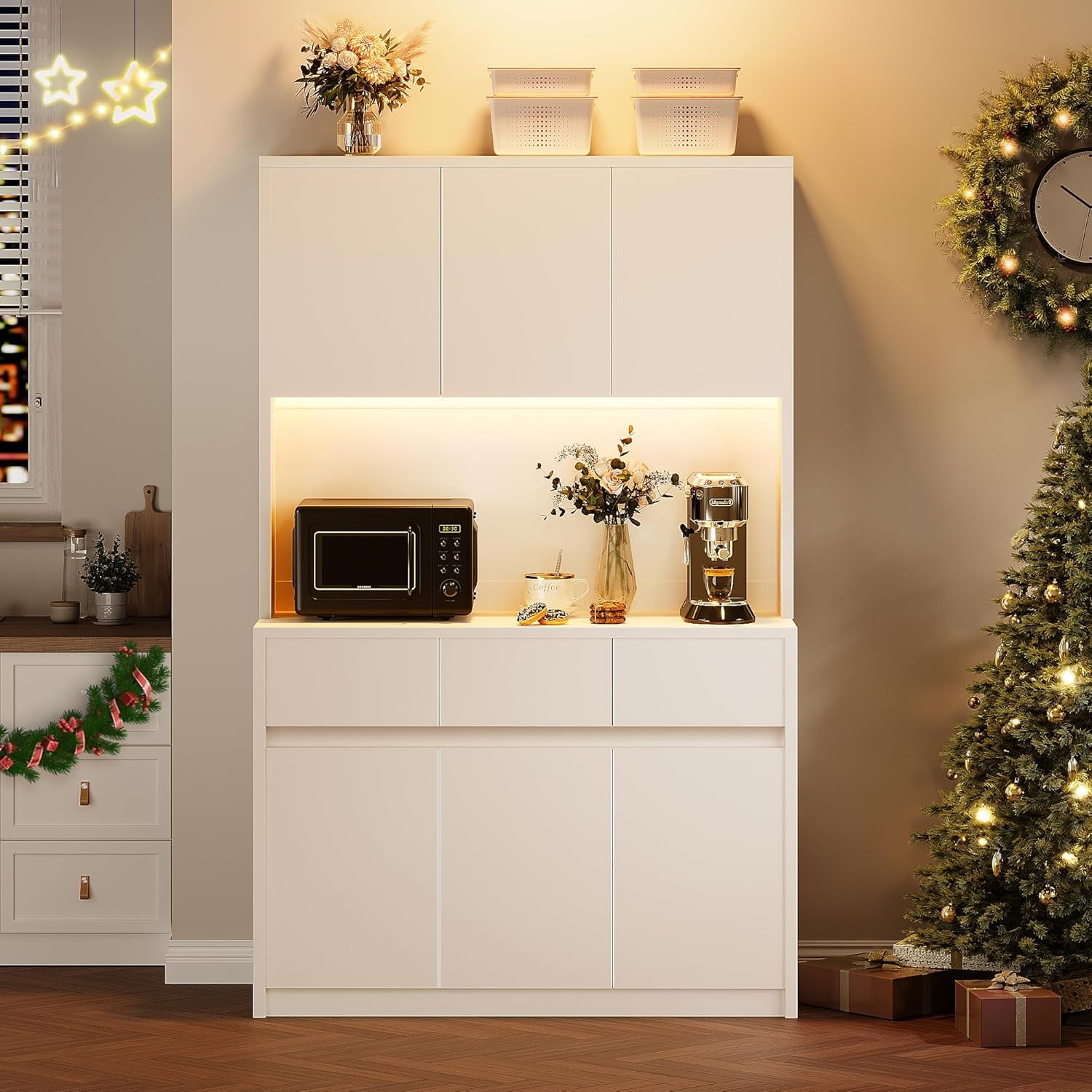 Homhougo 71" Kitchen Pantry Cabinet with LED Lights & Power Outlets ...