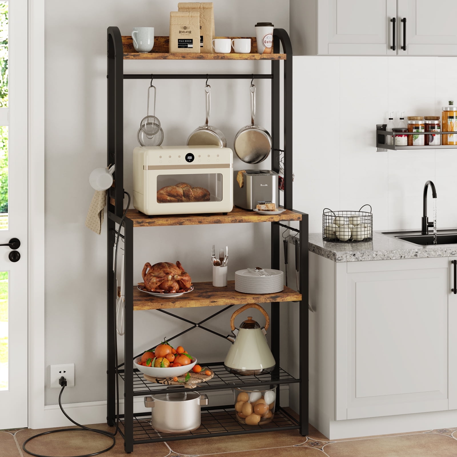Homhougo—Baker's Rack with Power Outlet, Industrial Kitchen Island with ...