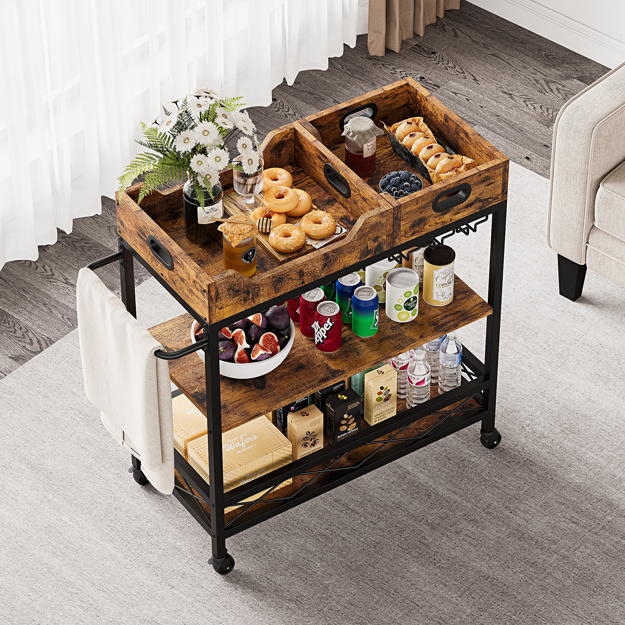 Homhougo—Bar Cart, 3 Tier Bar Carts for The Home, Rustic Brown Bar Cart ...