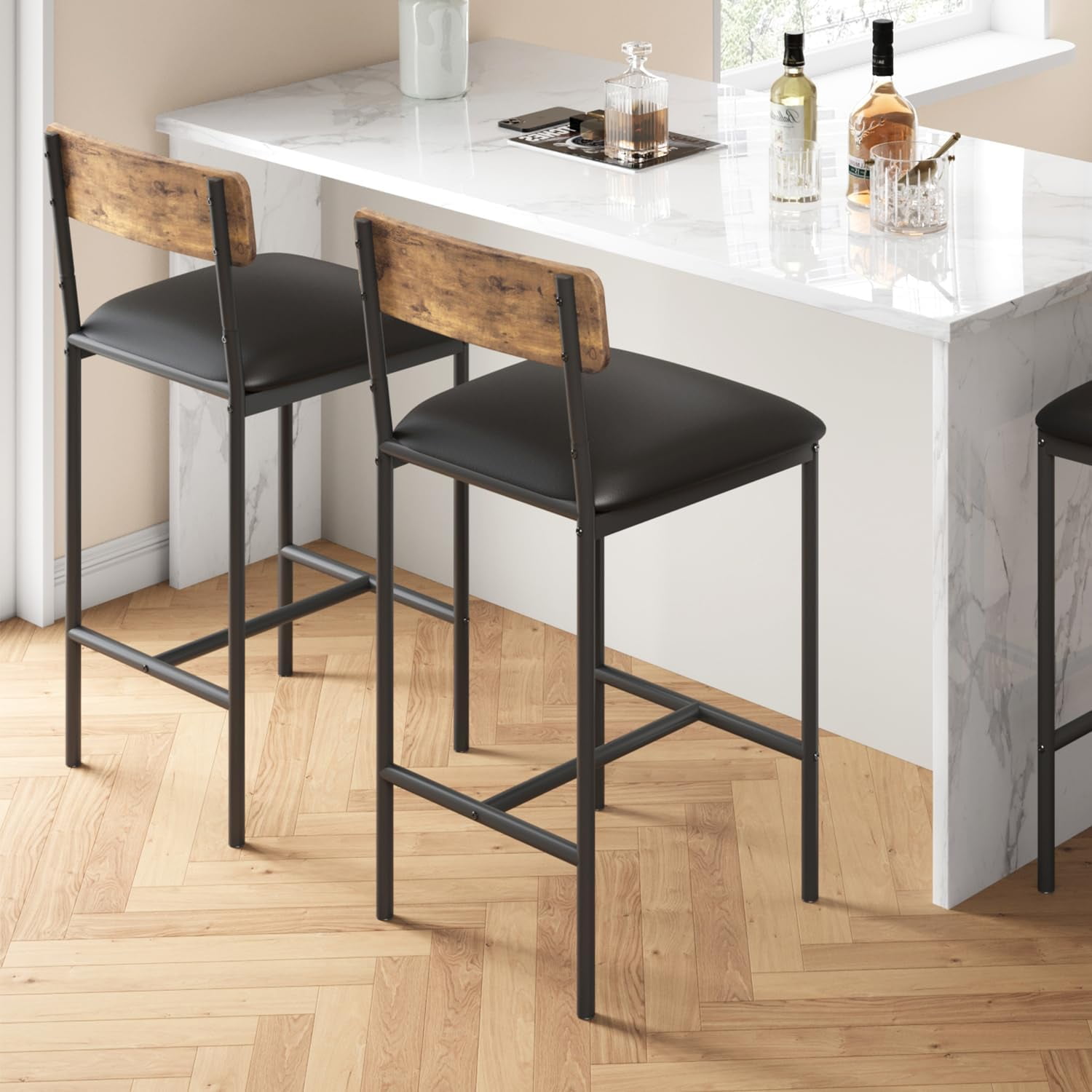 Homhougo Bar Stools Set of 2, Kitchen Bar Stools with Footrest, 25.5 ...