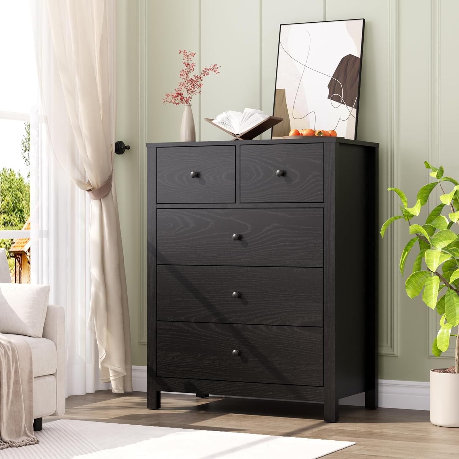 Homhougo Black 5 Drawer Dresser for Bedroom, Modern Tall Dresser ...