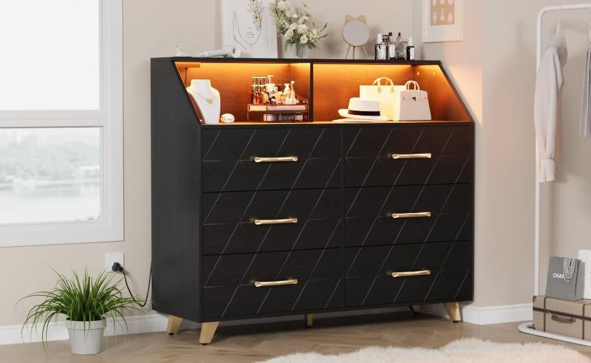 Homhougo Black Bedroom Dresser with LED Lights & Charging Station, Wood ...