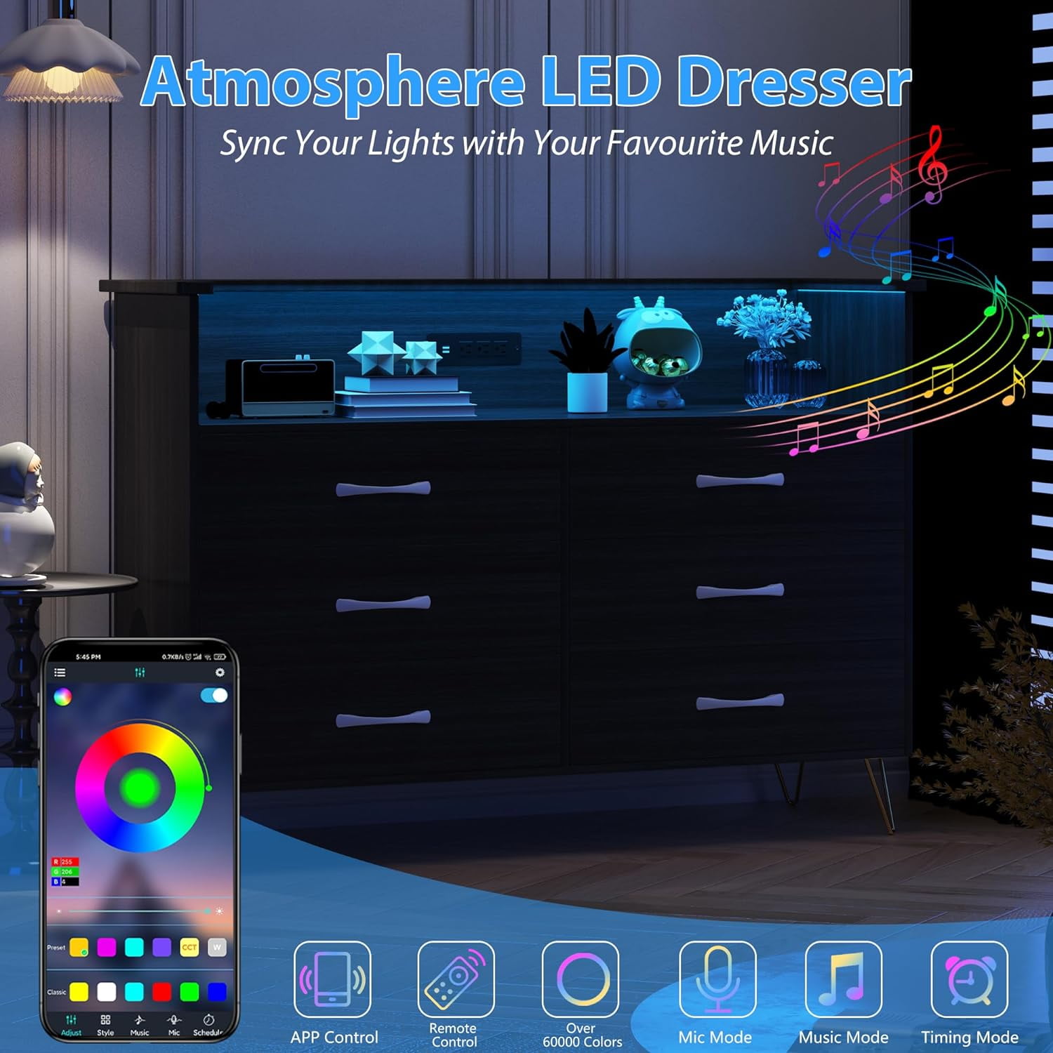 Homhougo 6-Drawer Black Dresser with LED Light & Charging Station ...