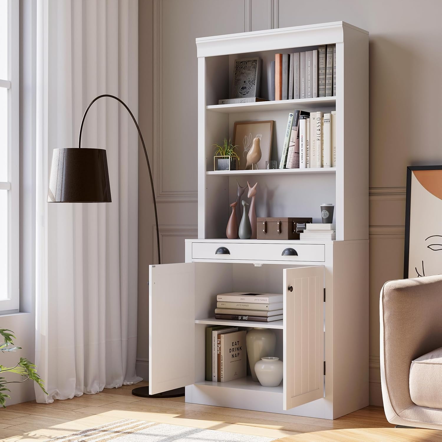 Homhougo Bookshelf and Bookcase with Doors, 5-Tier Wooden Bookshelves ...