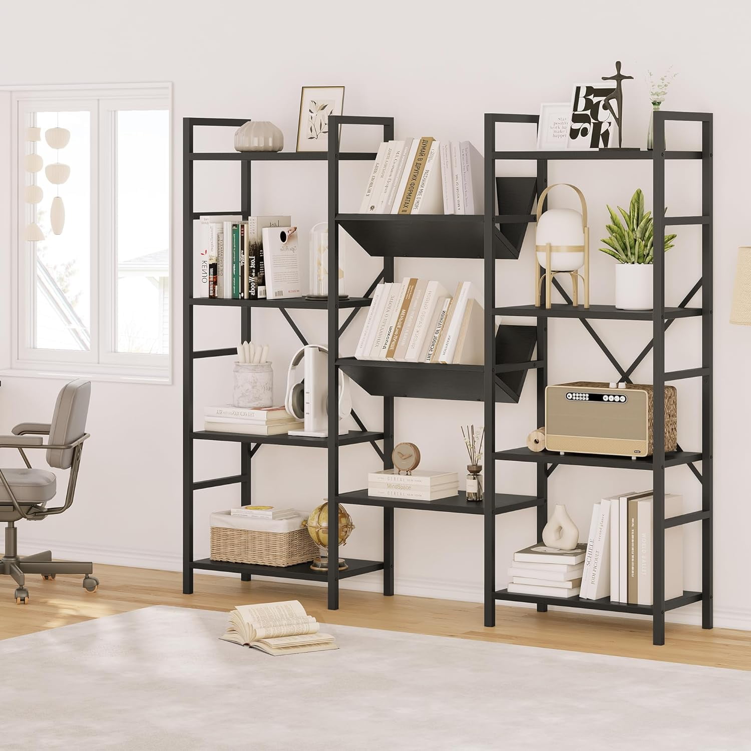 Homhougo Bookshelf, Triple Wide 4-Tier Bookshelf, 54.3" Tall Industrial ...