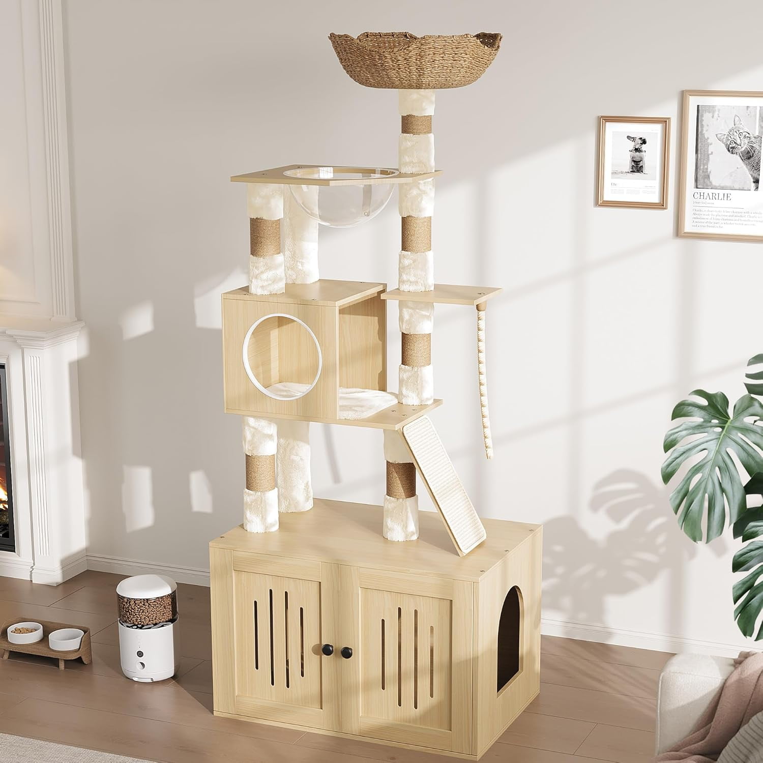 Homhougo Cat Tree with Litter Box Enclosure, Hidden Washroom Litter Box ...